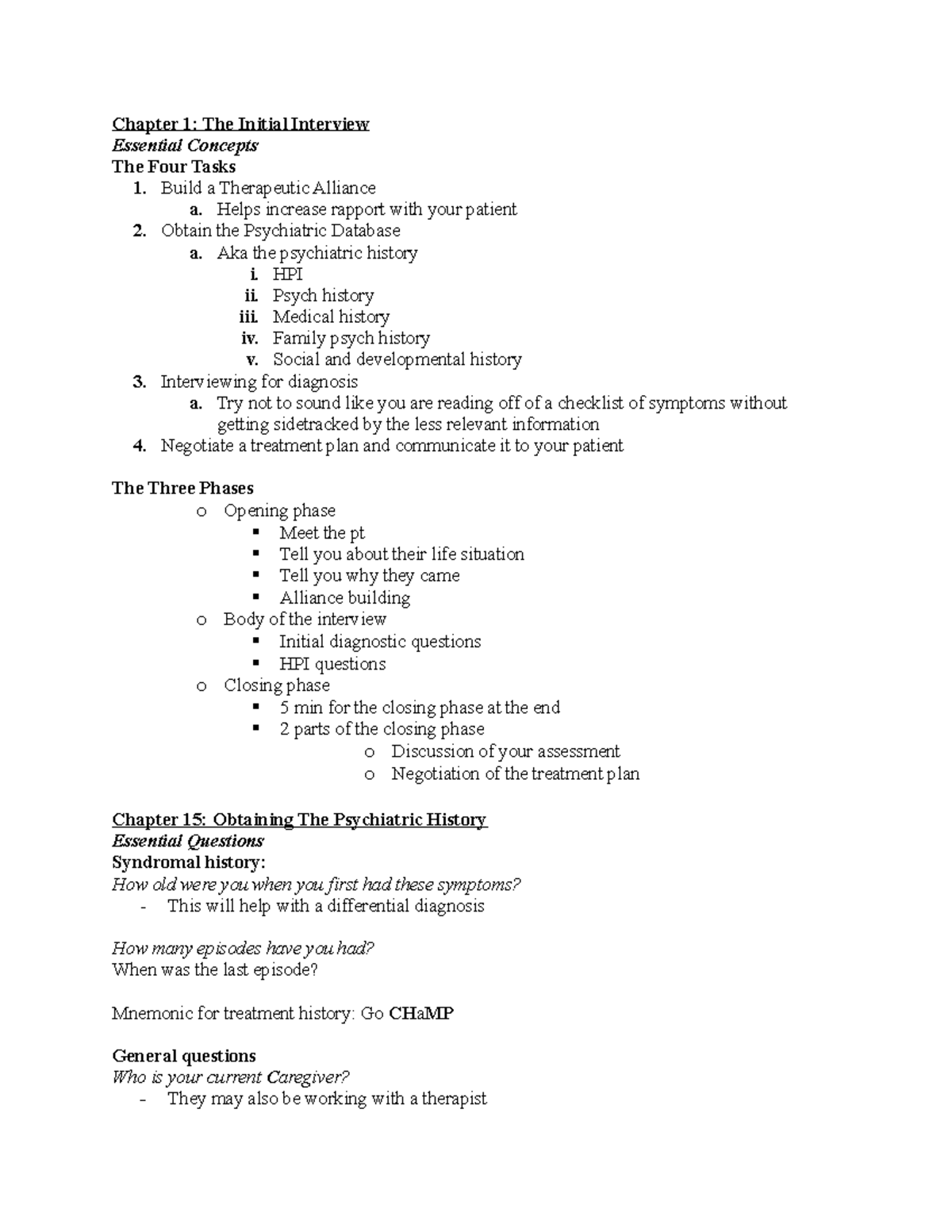 806 Week 1 - Carlat Chapter 1 & 15 - Chapter 1: The Initial Interview ...