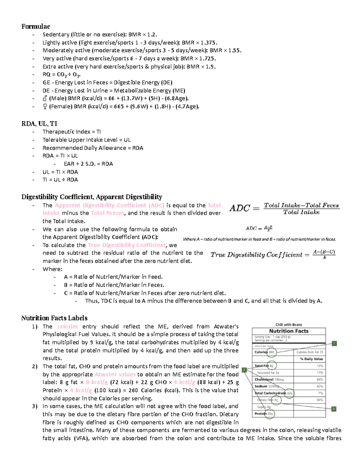 NUTR 3210 Summary Sheet - Formulae - Sedentary (little or no exercise ...