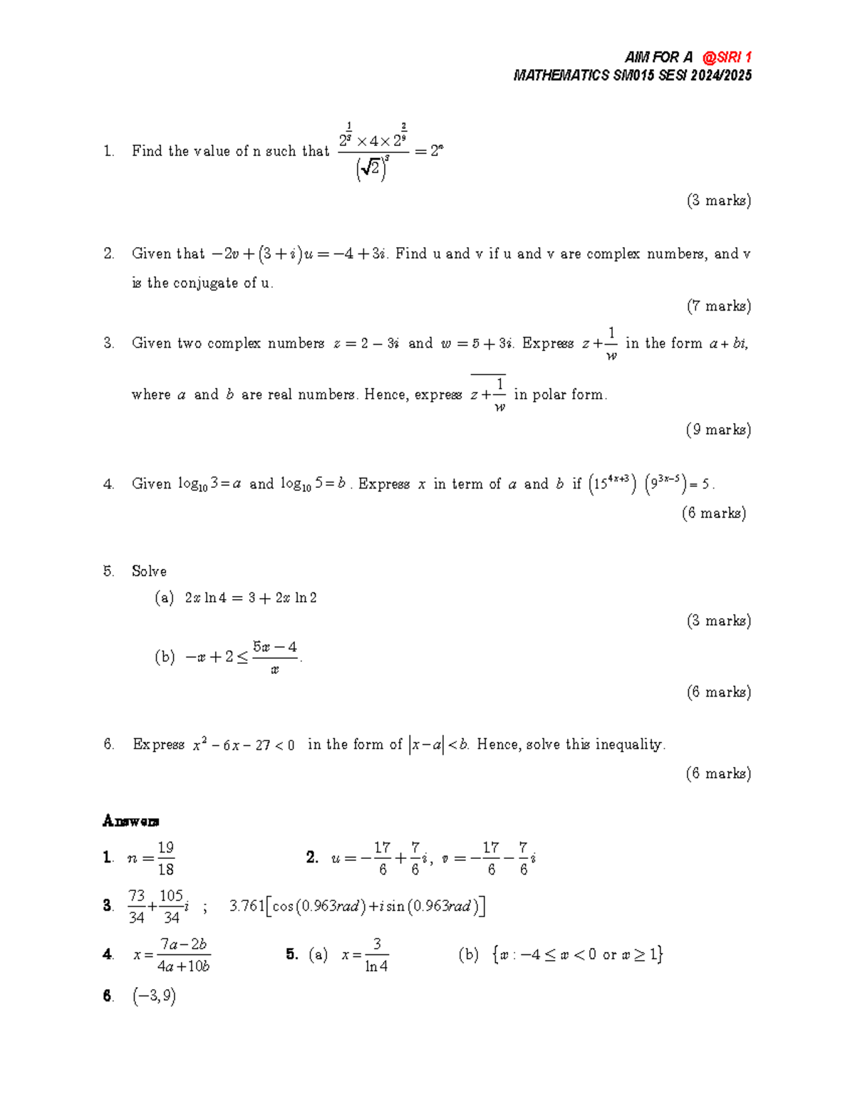 AIM FOR A #1 - Dff - AIM FOR A @SIRI 1 MATHEMATICS SM015 SESI 2024/ 1 ...