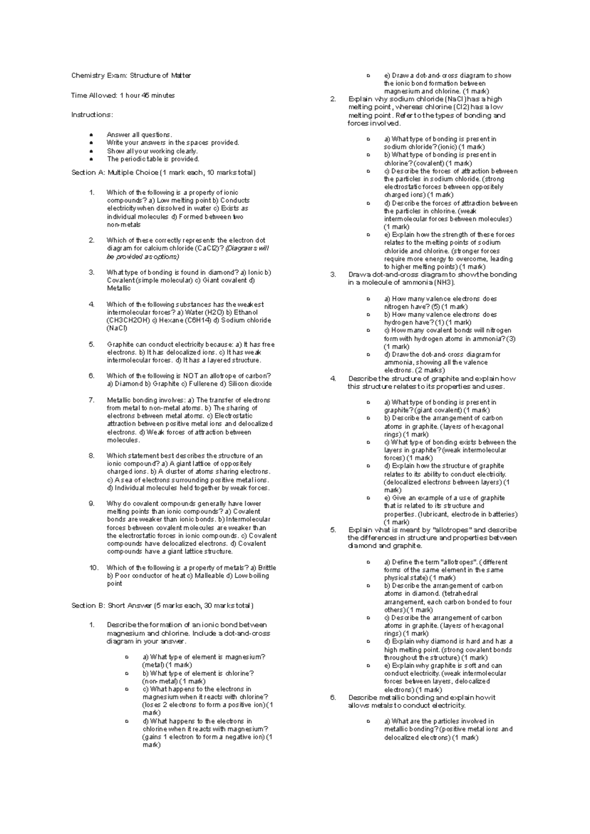 BGCSE chemistry Structure of paper revision questions - Chemistry Exam ...