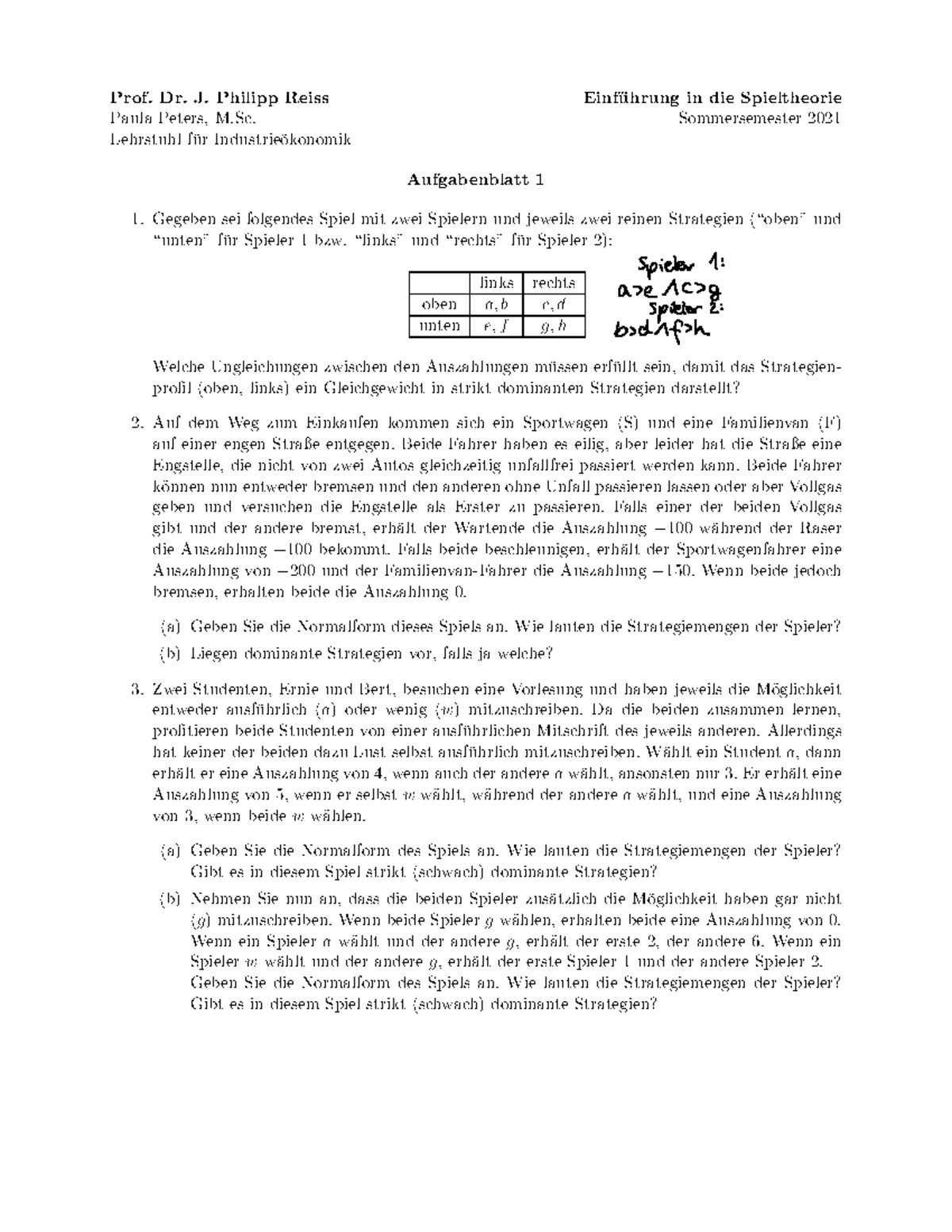 Übung 1 Spieltheorie - Übungsaufgaben mit handschriftlichen Lösungen ...
