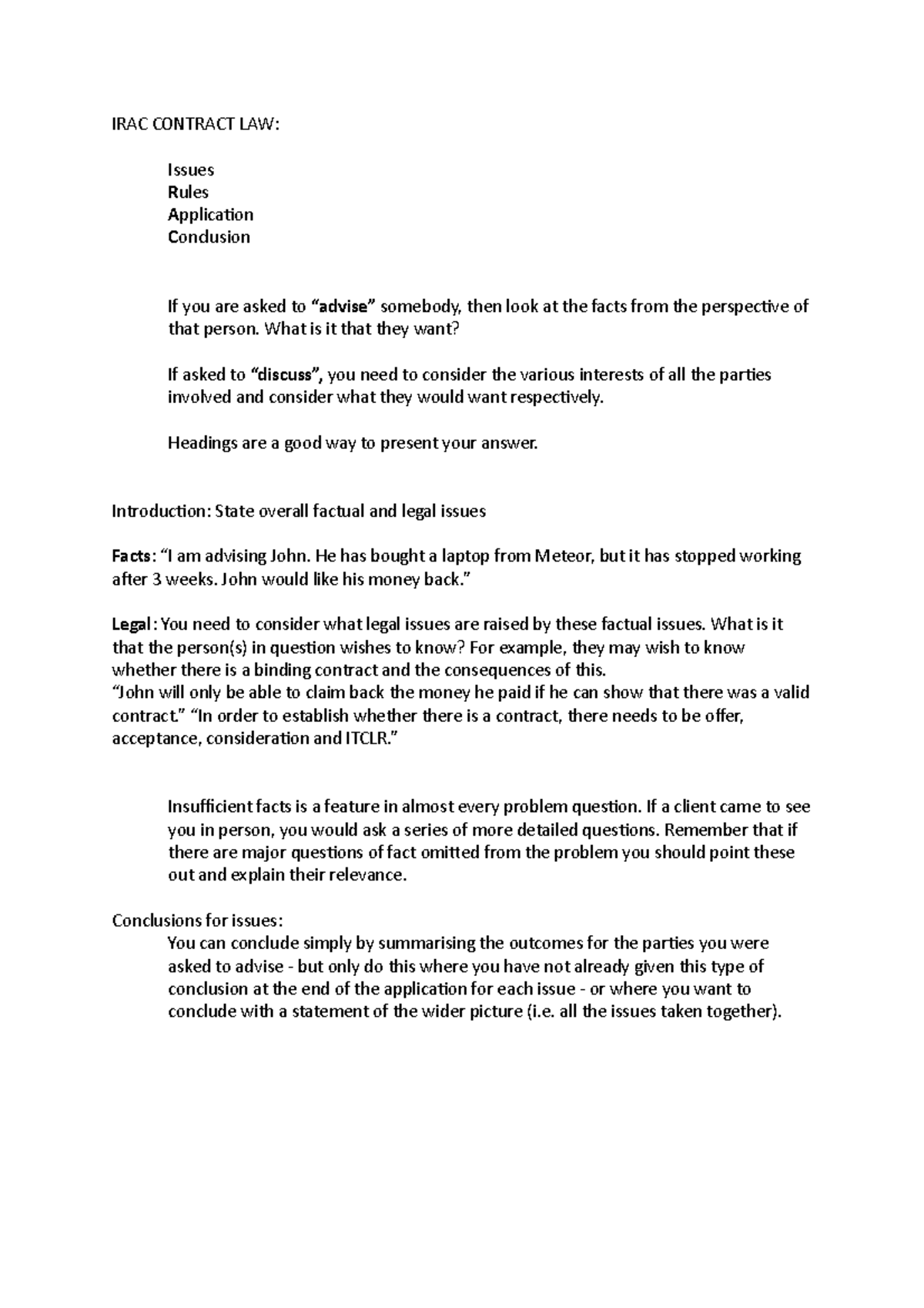 IRAC Contract LAW - IRAC CONTRACT LAW: I ssues R ules A pplication C ...