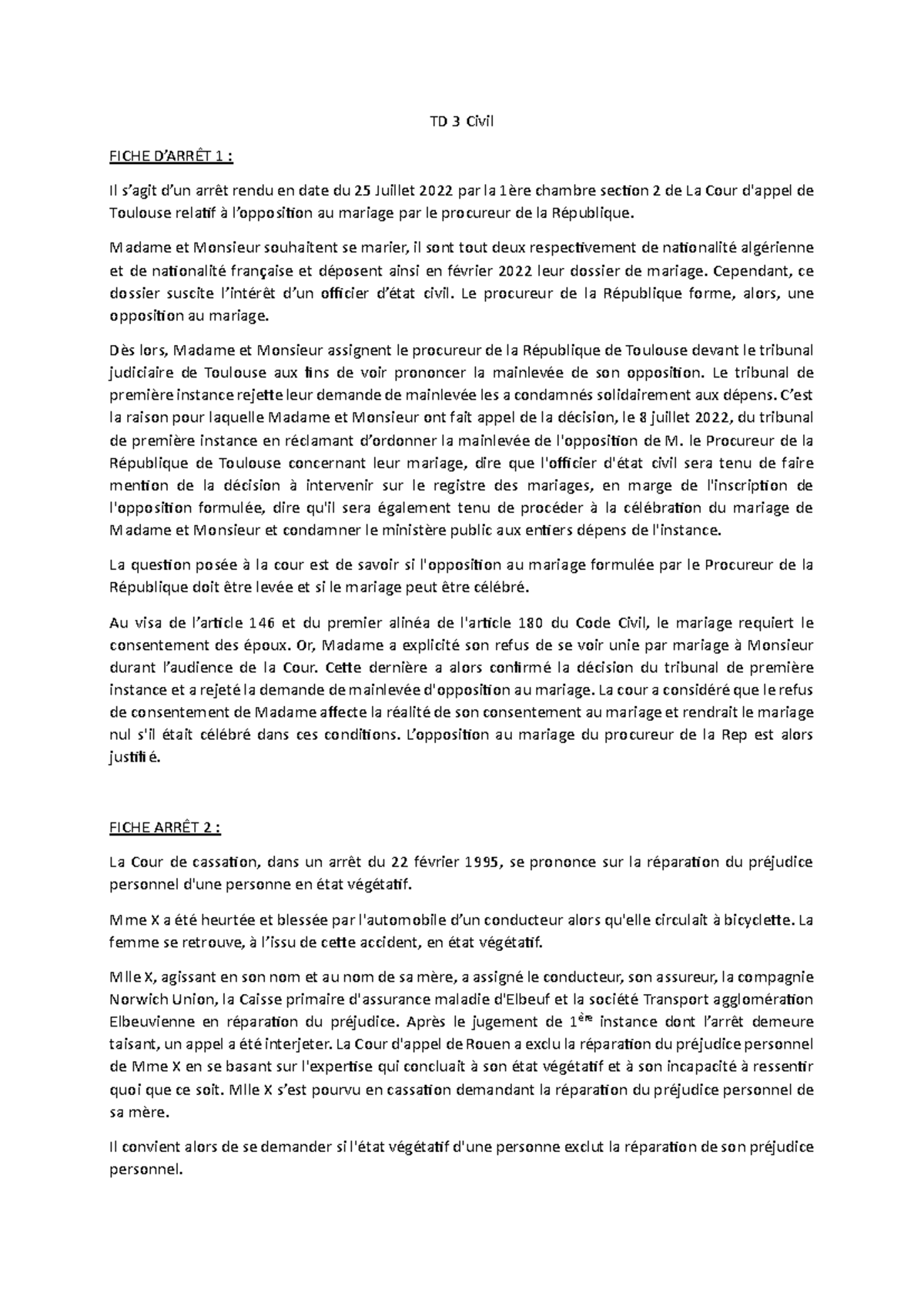TD opposition mariage L1 S1 - TD 3 Civil FICHE D’ARRÊT 1 : Il s’agit d’un arrêt rendu en date du ...