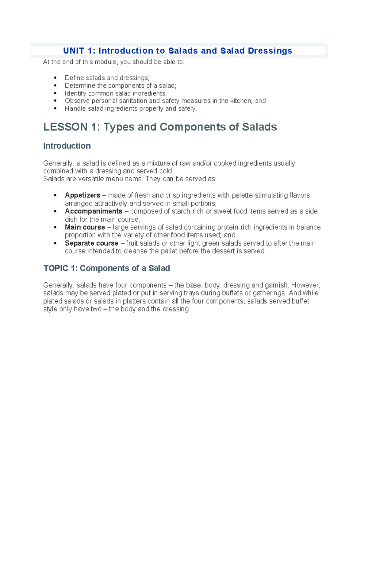 Preparing salad and salad dressing - UNIT 1: Introduction to Salads and ...