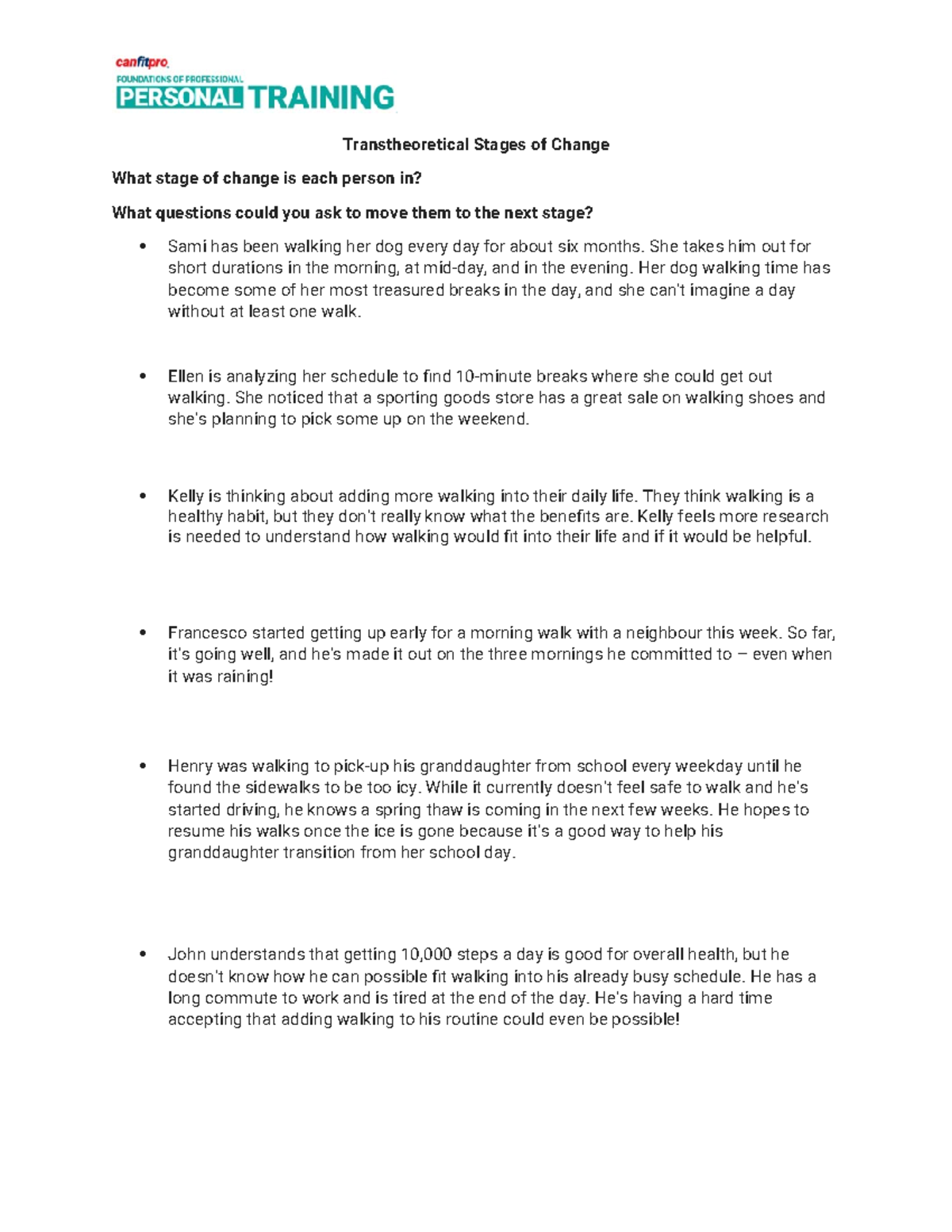 1. Transtheoretical Model of Change Examples Student Activity ...