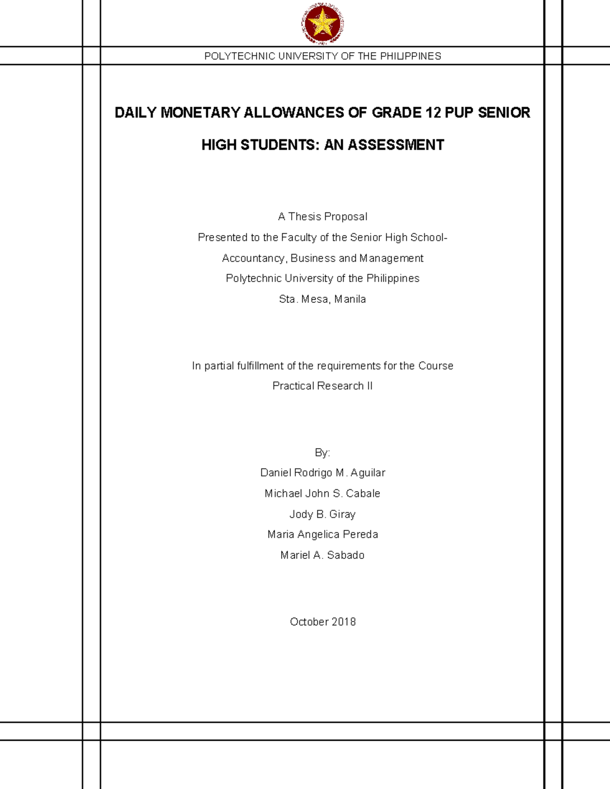 Aguilar, D, ET. AL Daily Monetary Allowances OF Grade 12 PUP Senior ...