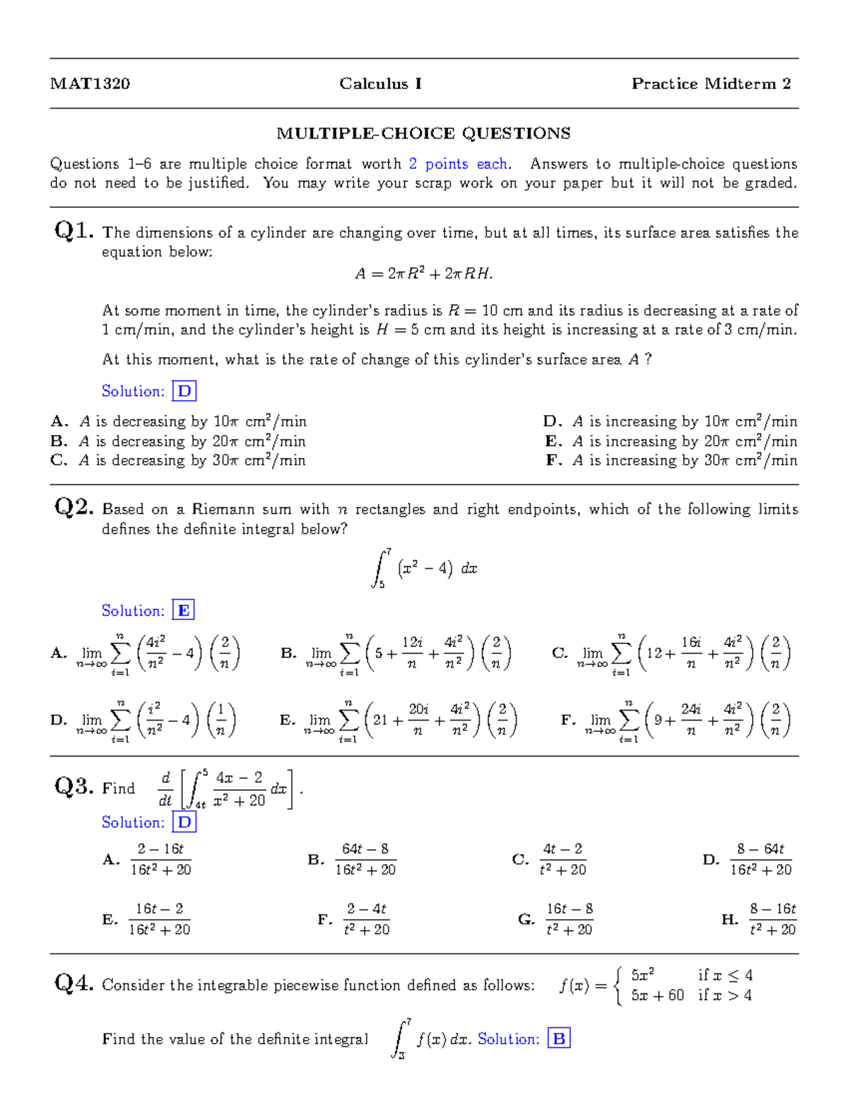 MAT1320practice Test 2-solutions - MAT1320 Calculus I Practice Midterm ...