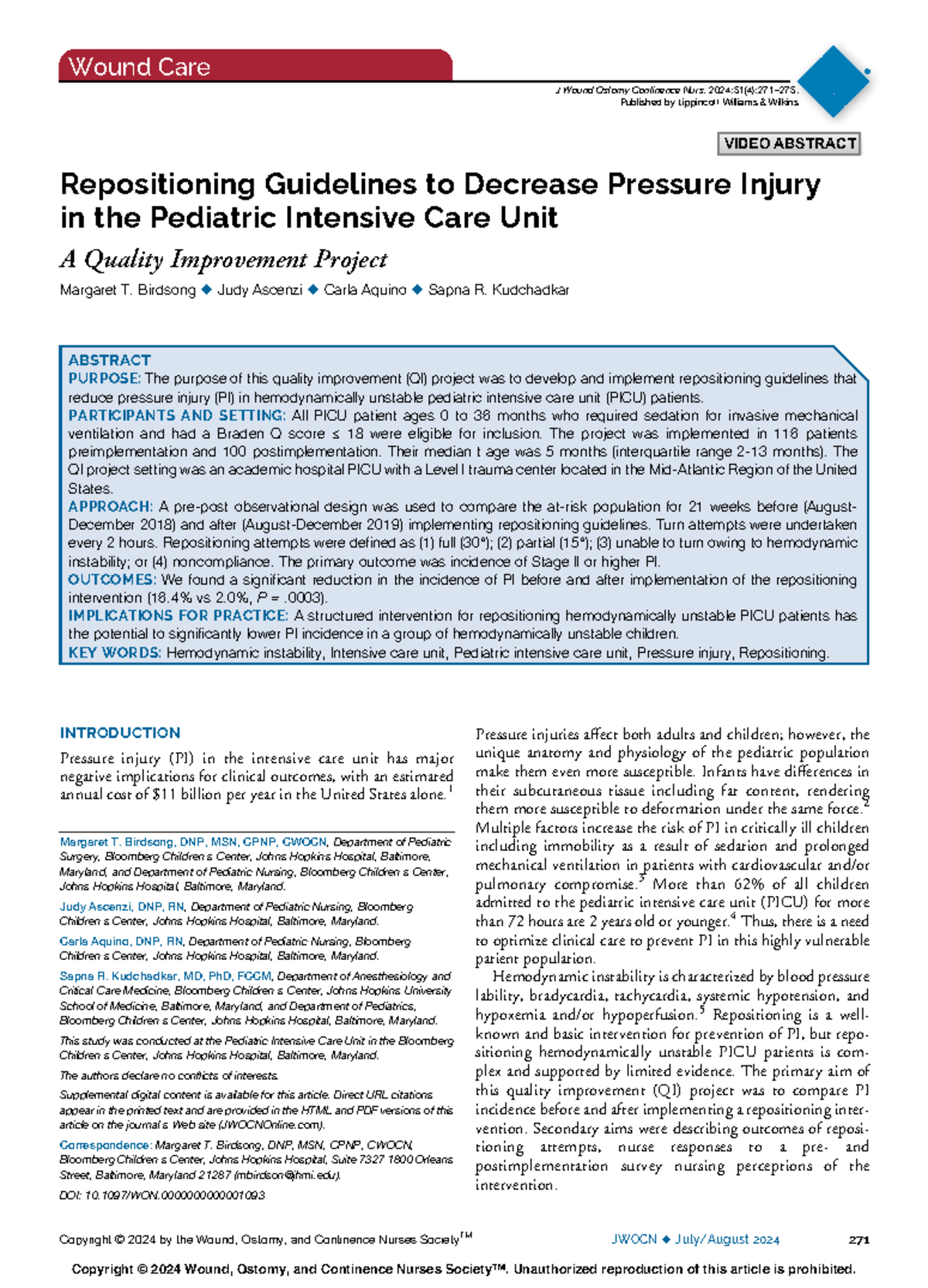 Pressure Injury in the Pediatric Intensive Care Unit. NON- Research ...