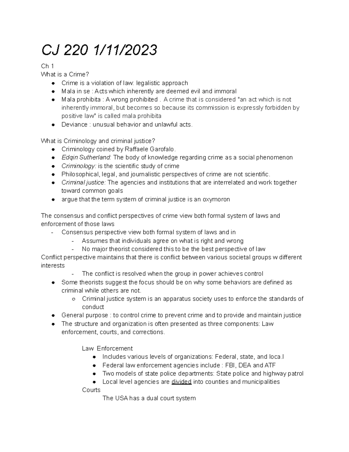 CJ 220 - criminology notes - CJ 220 1/11/ Ch 1 What is a Crime? Crime ...