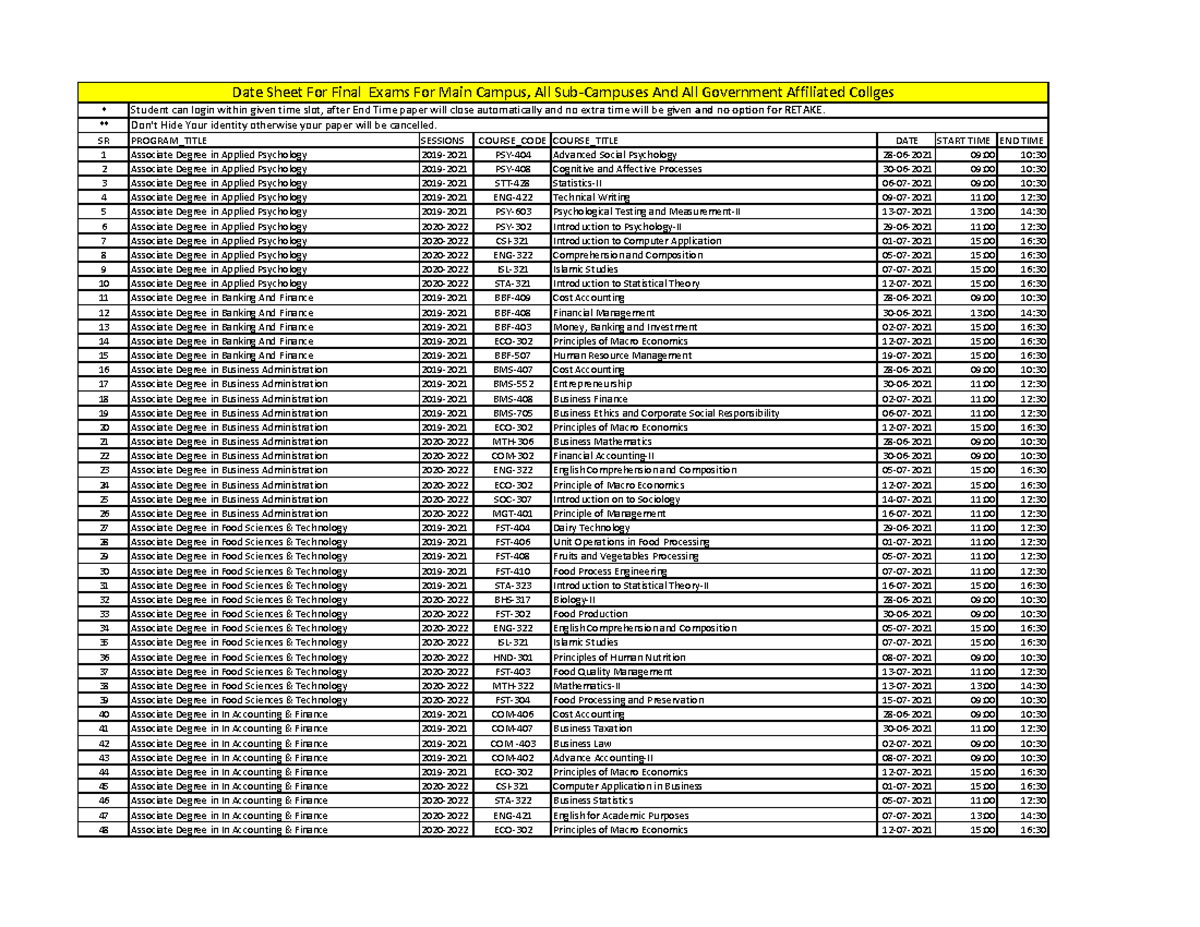Date sheets for final exams all - * ** Date Sheet For Final Exams For ...