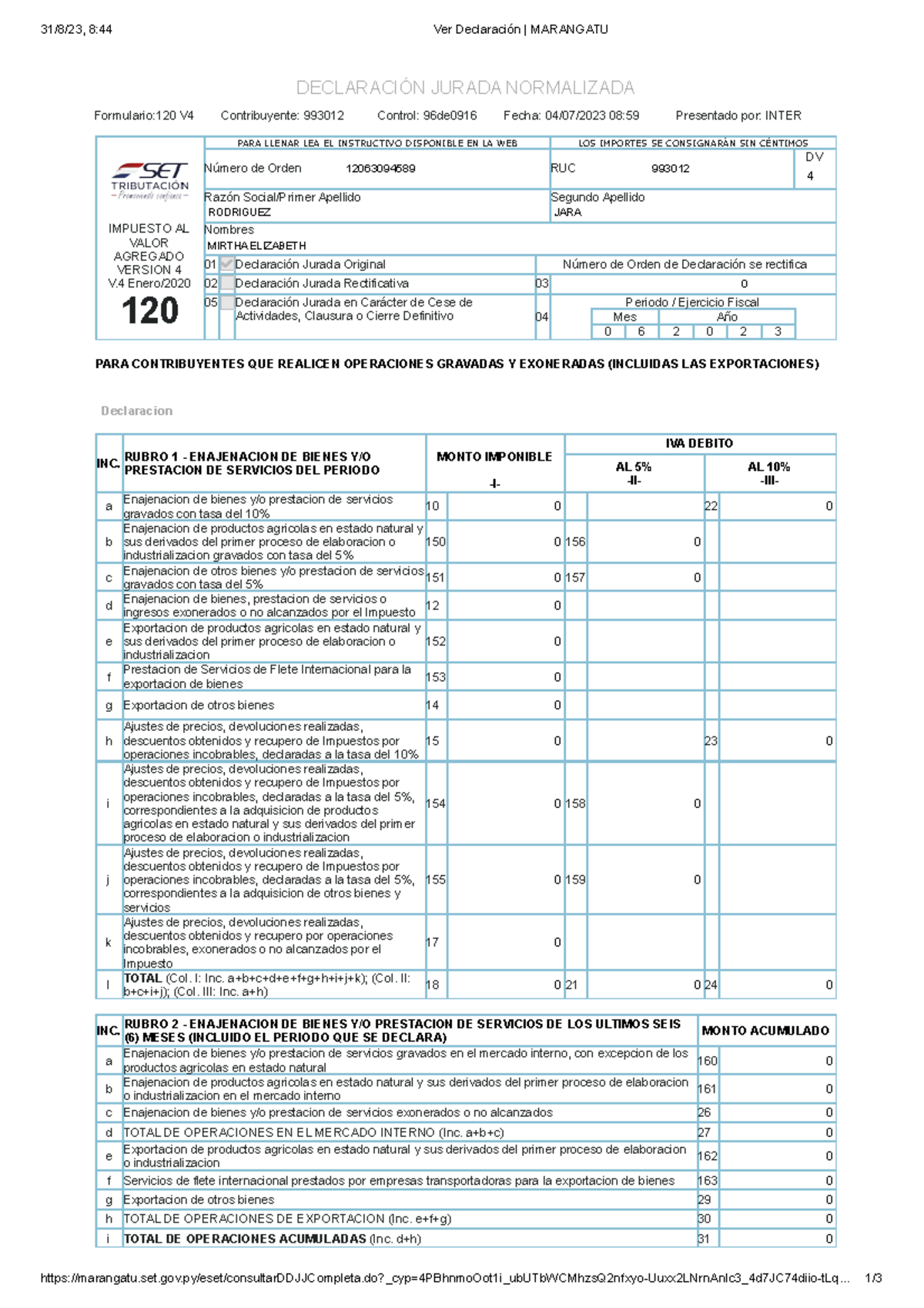 Marangatu iva set - ejemplo de set iva - 31/8/23, 8:44 Ver Declaración ...