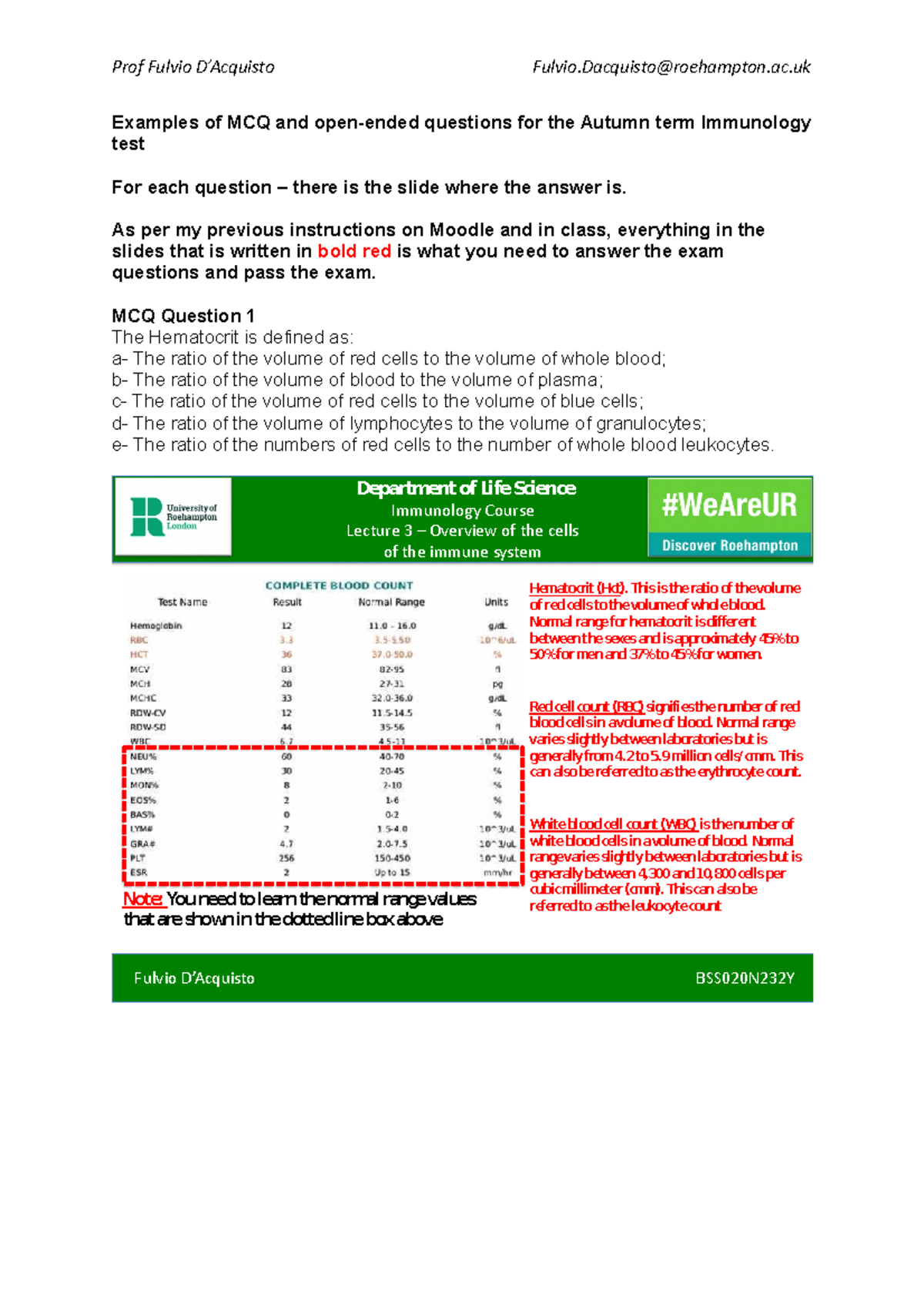 Examples of MCQ and OE questions for Immunology 2022 - Examples of MCQ ...
