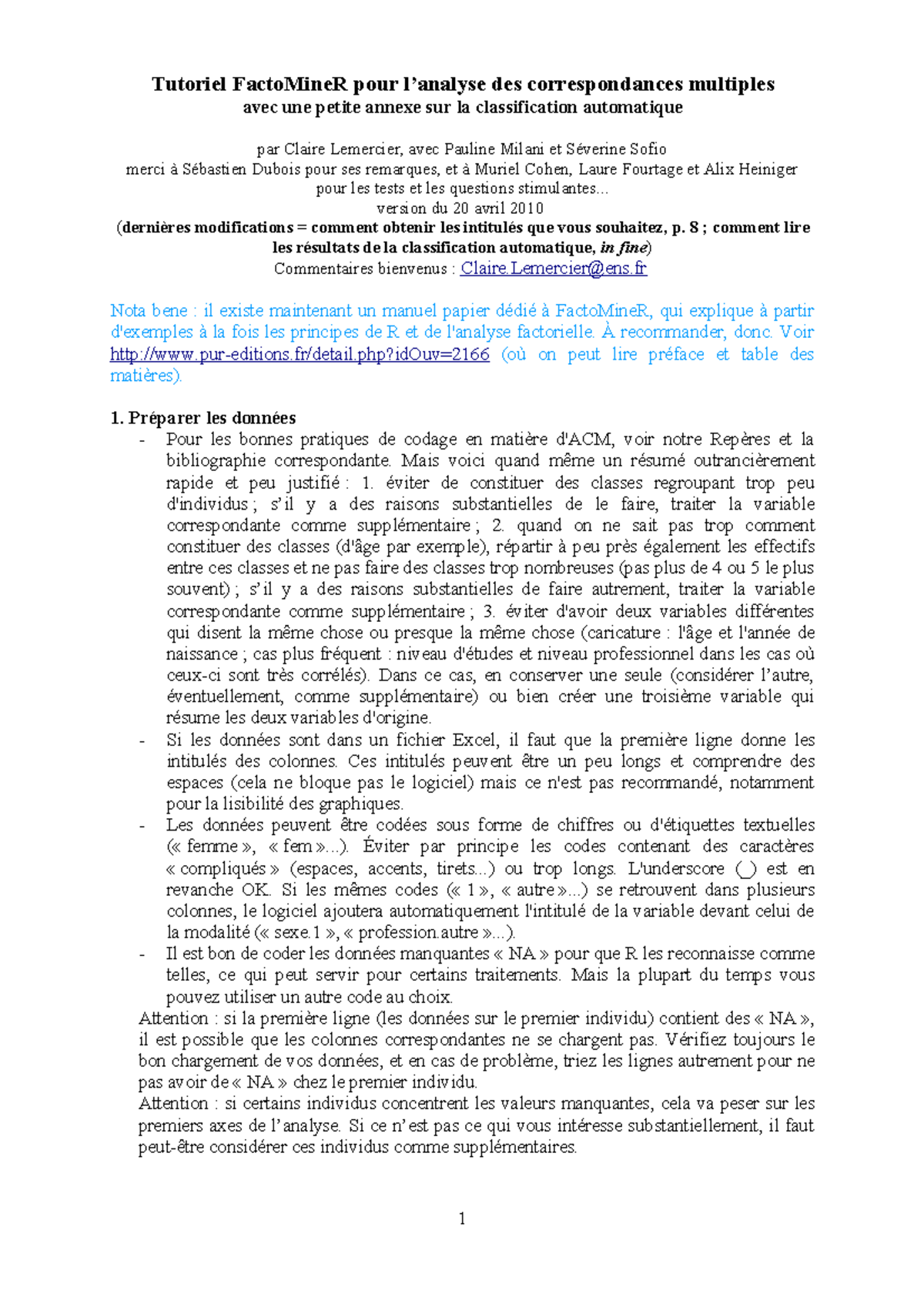 Tutoriel Factominer Pour Lanalyse Des Correspondances Multiples