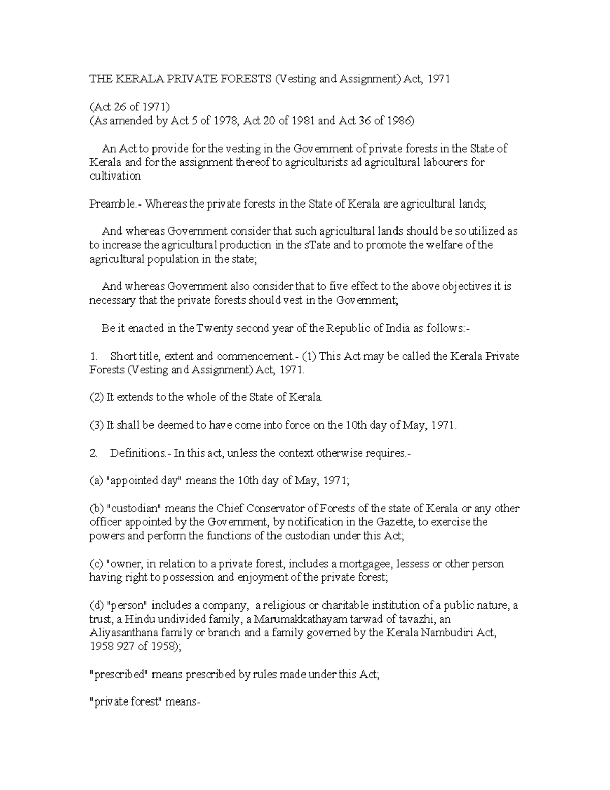 Kerala Private Forest Vesting Assignment Act - THE KERALA PRIVATE ...