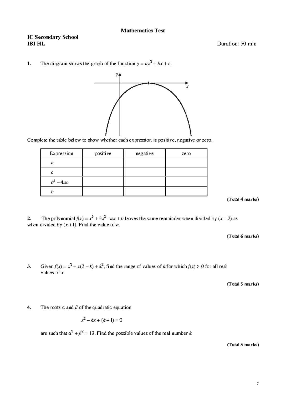 Quadratics and polynomials test - 1 Mathematics Test IC Secondary ...