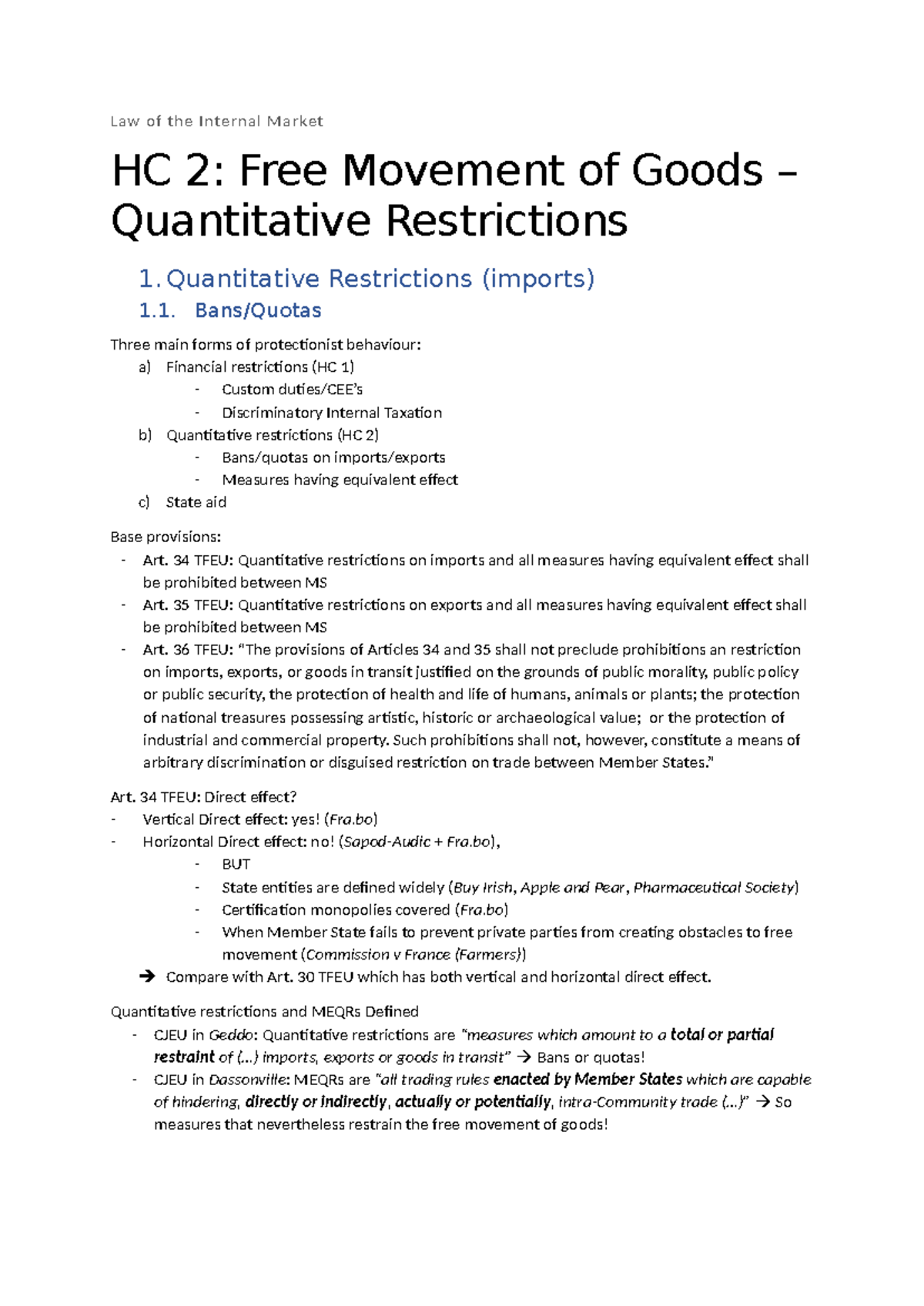 LIM SV HC 2 - uitleg hc - Law of the Internal Market HC 2: Free ...