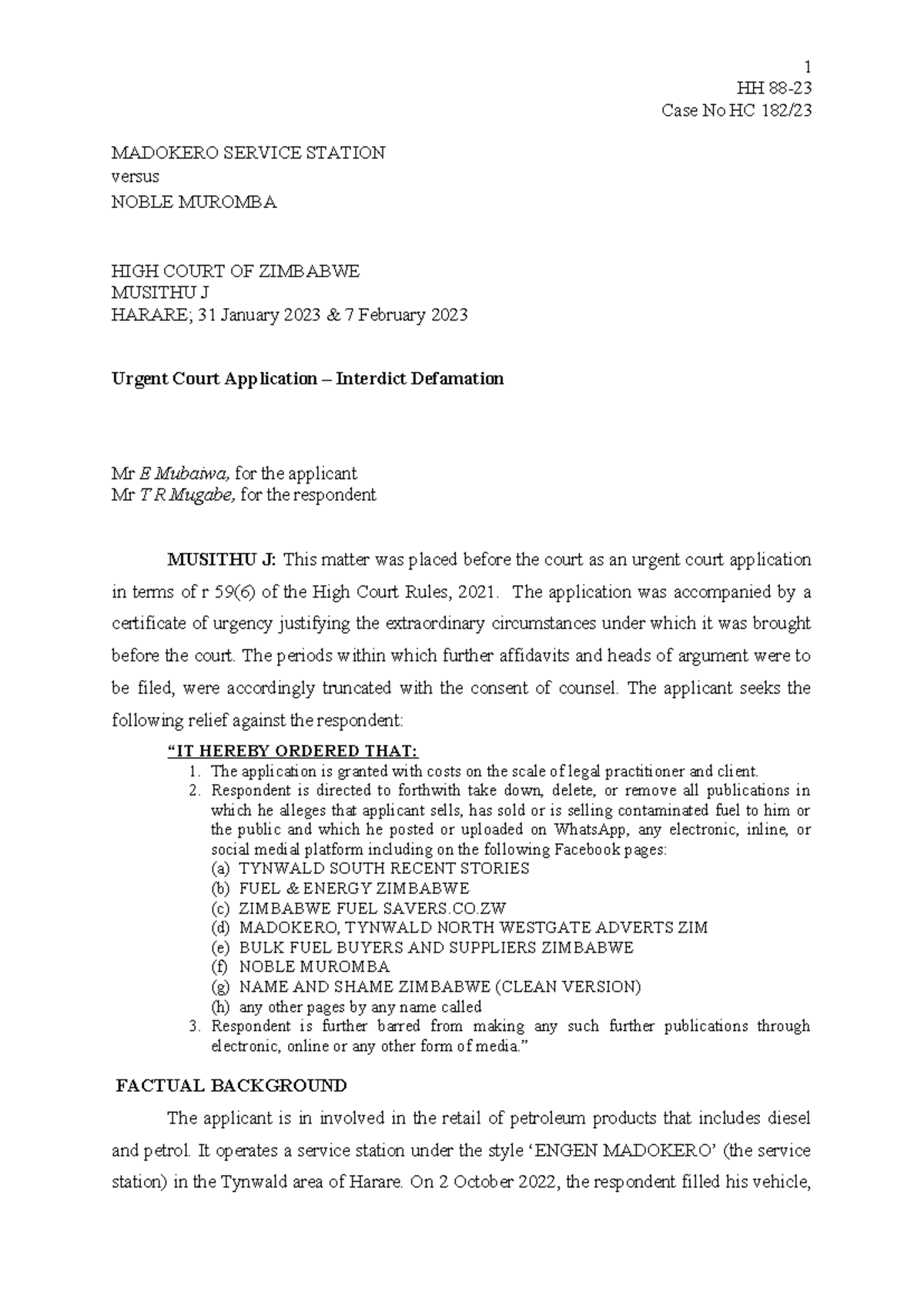 Madokero Service Station v Muromba (88 of 2023) 2023 Zwhhc 88 (7 ...