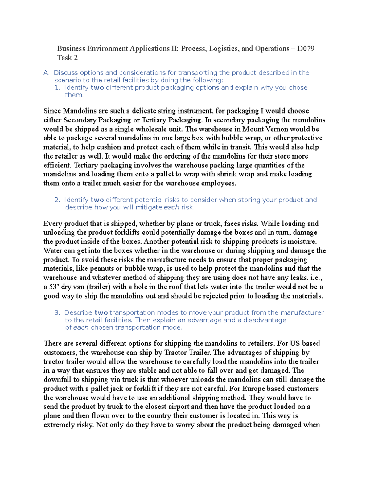 D079 Task 2 - example of task 2. includes instructions - Business ...