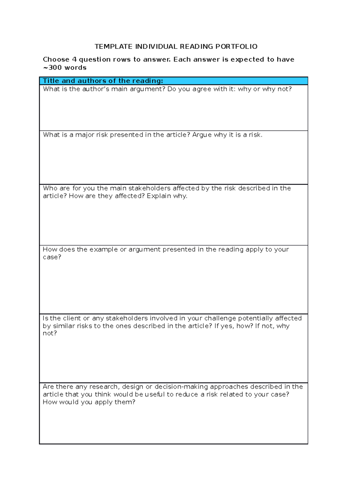 Template Individual Portfolio Readings - TEMPLATE INDIVIDUAL READING ...