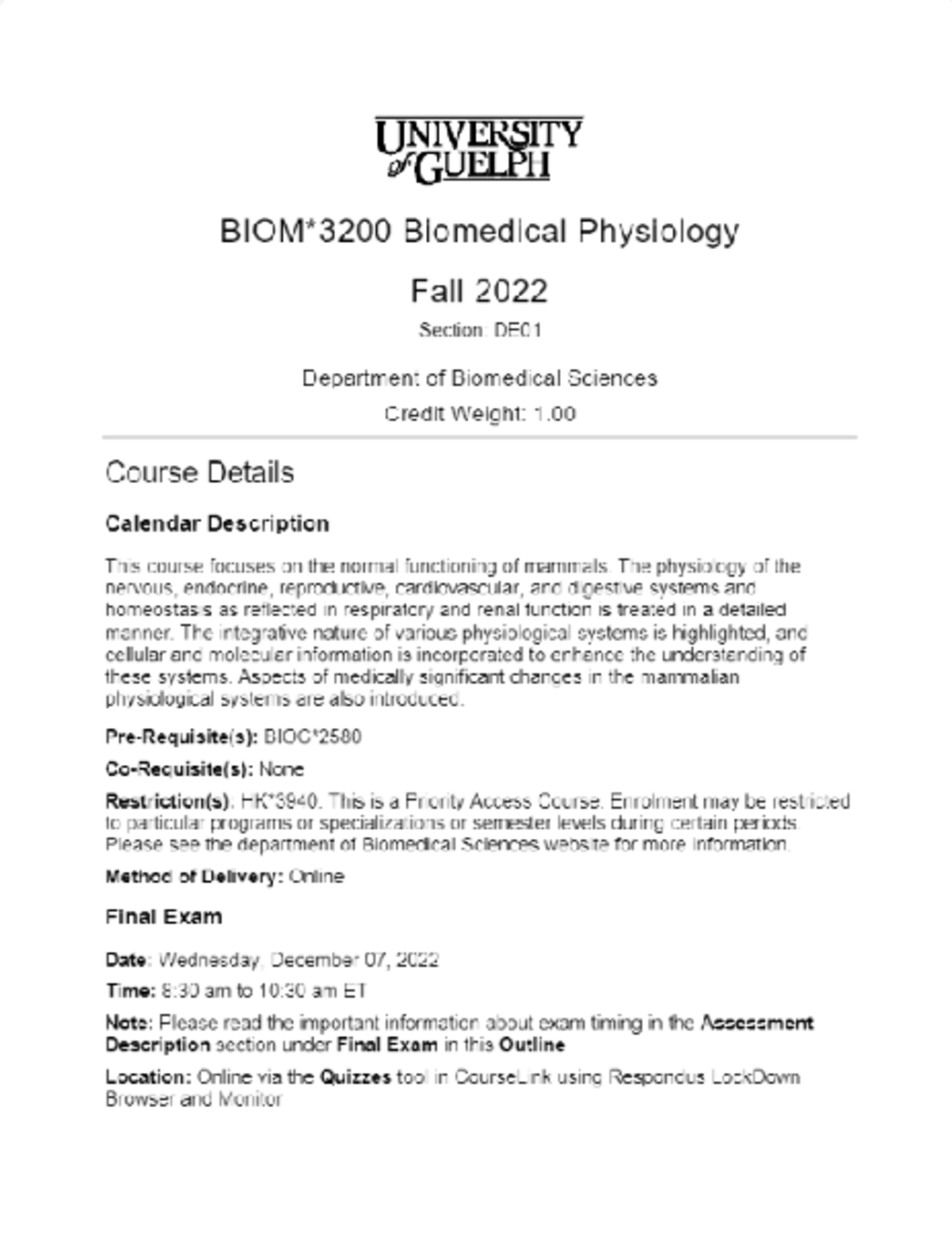 BIOM3200Course Outline - UNIVERSITY GUELPH Biomedical Physiology Fall ...