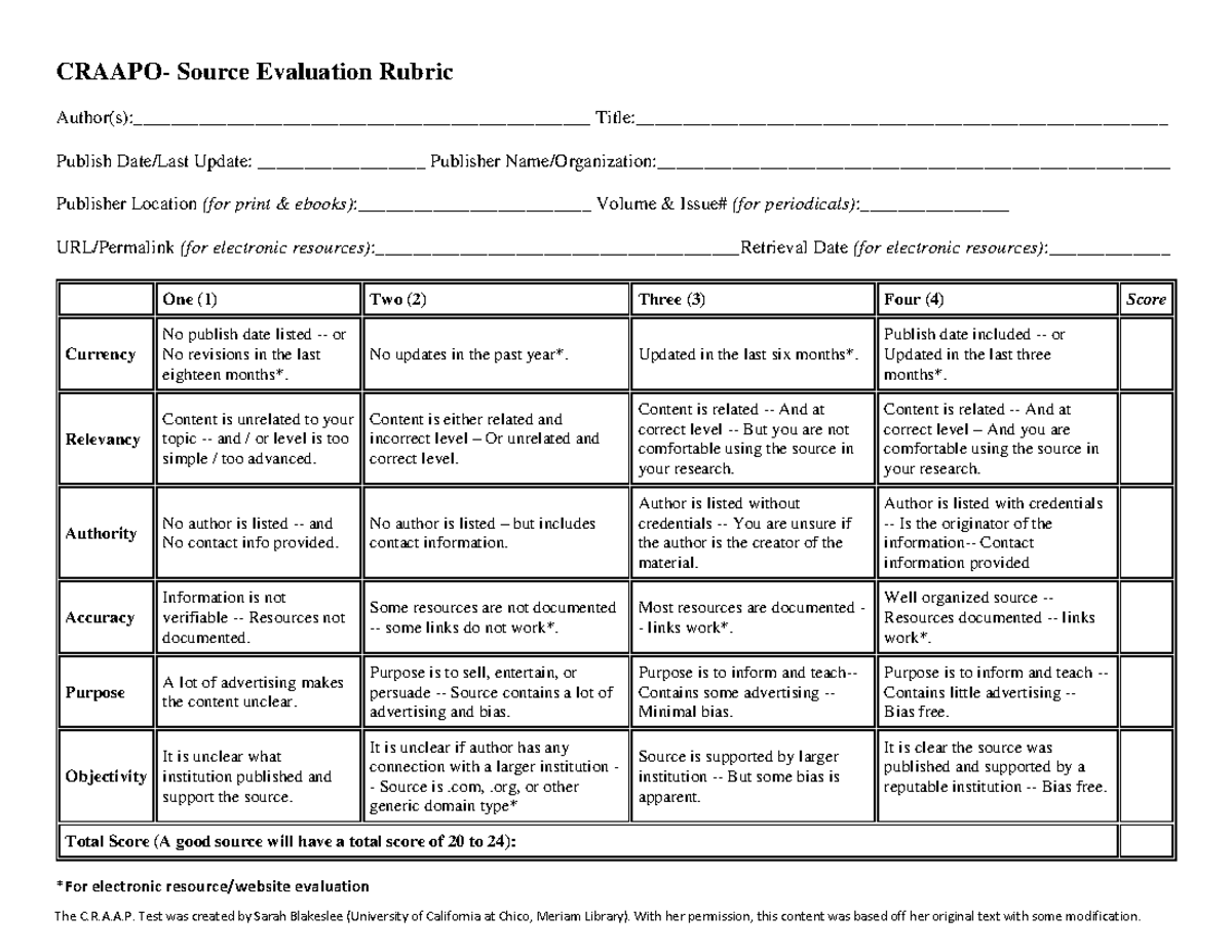 Craapo test - education - CRAAPO- Source Evaluation Rubric *For ...