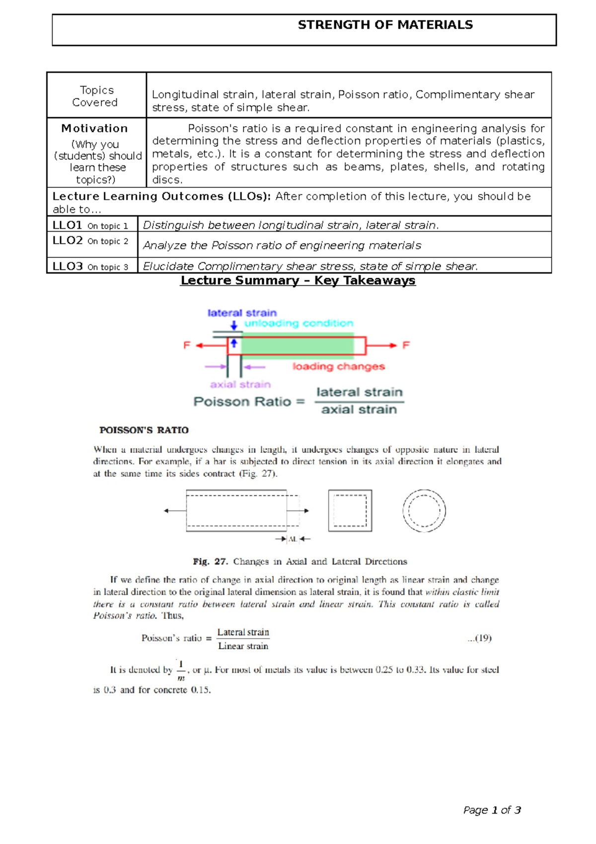 Longitudinal strain, lateral strain, Poisson ratio, Complimentary shear ...