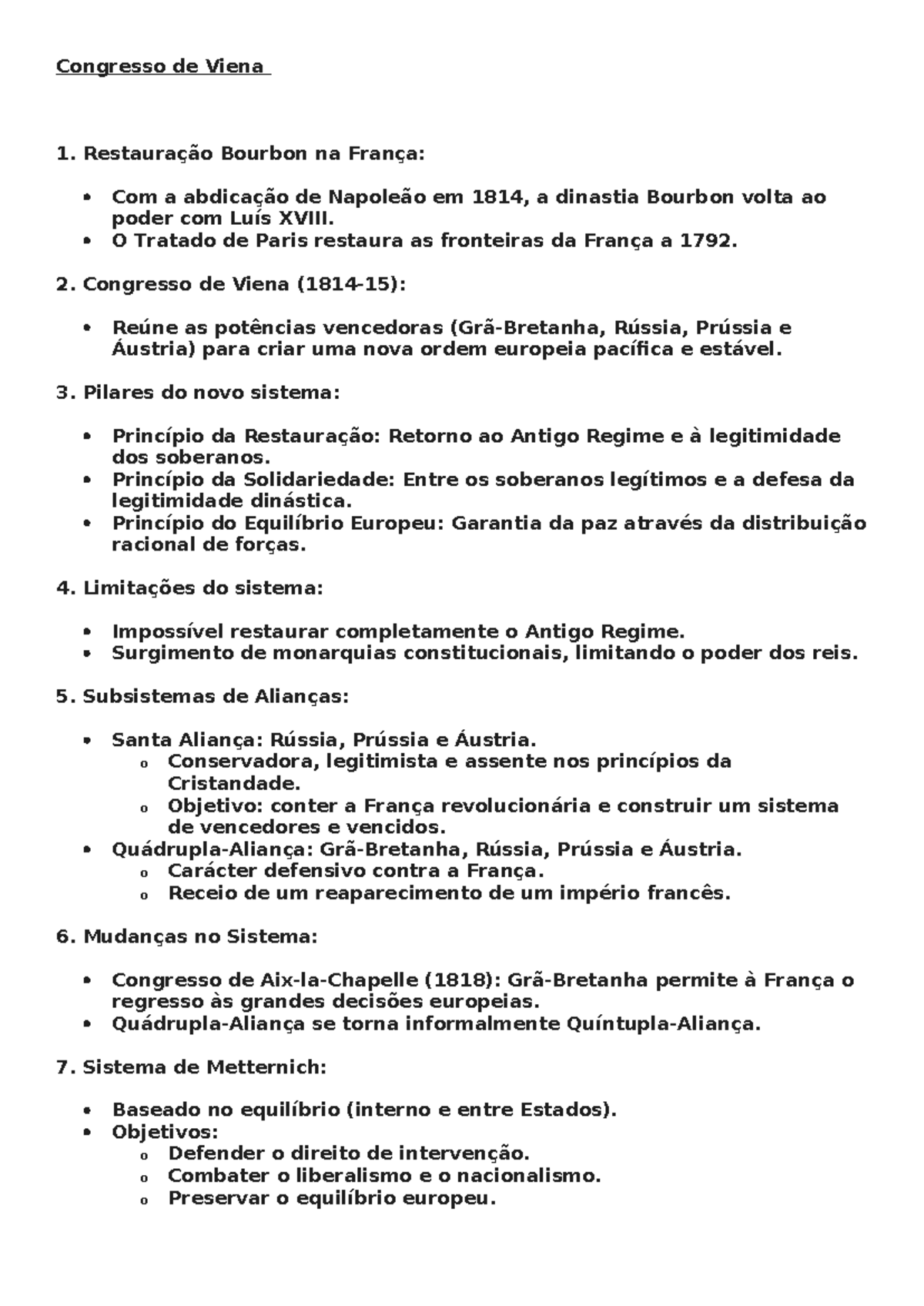 Resumo Simplificado HRI freq1 - Congresso de Viena 1. Restauração ...