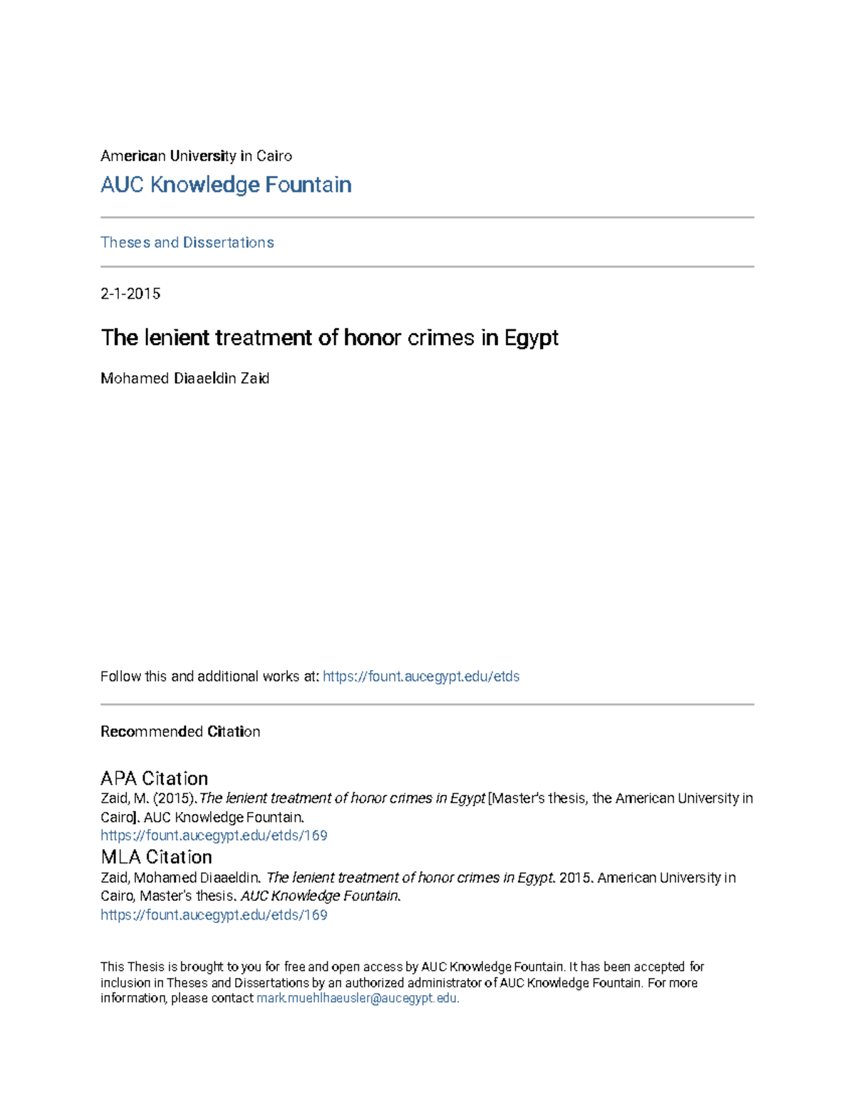 The lenient treatment of honor crimes in Egypt - aucegypt/etds ...