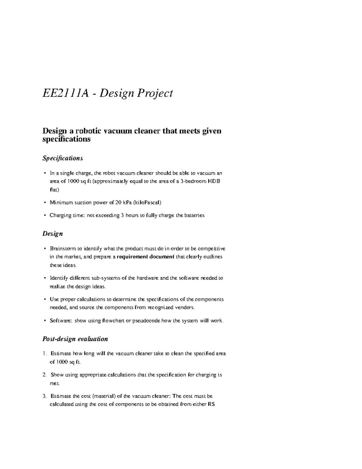 EE2111A Project Document AY2223 - EE2111A - Design Project Design a robotic vacuum cleaner that ...