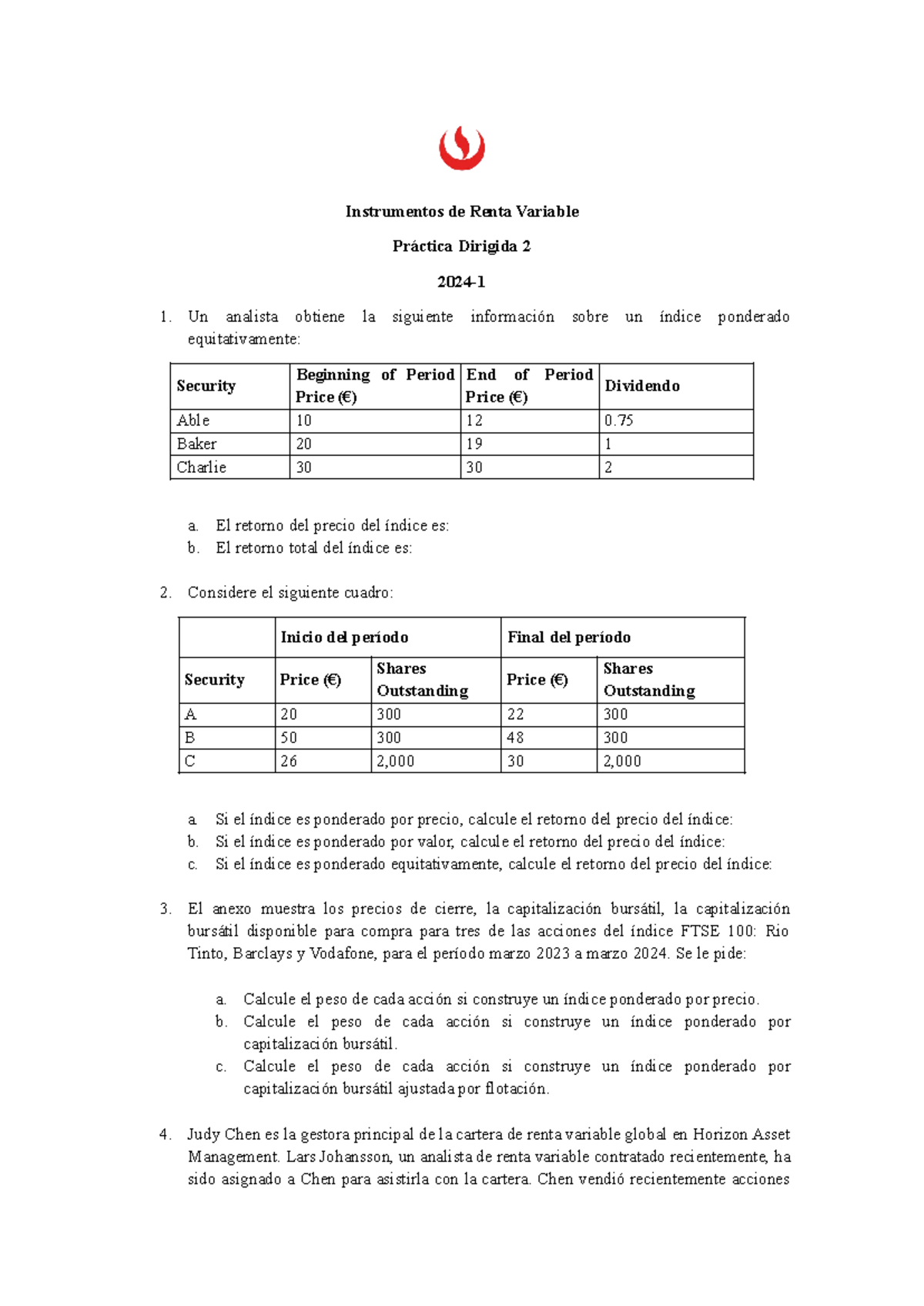 IRV PD2 2024-1 - Ejercicios de PD2 - Instrumentos de Renta Variable Práctica Dirigida 2 2024- Un ...