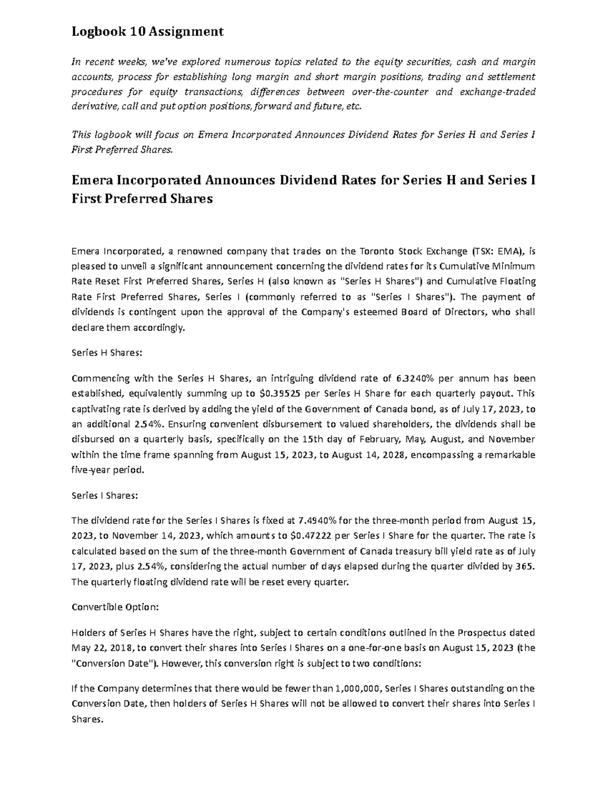 Logbook 10 Assignment - FIN2055 - Conestoga College - Studocu