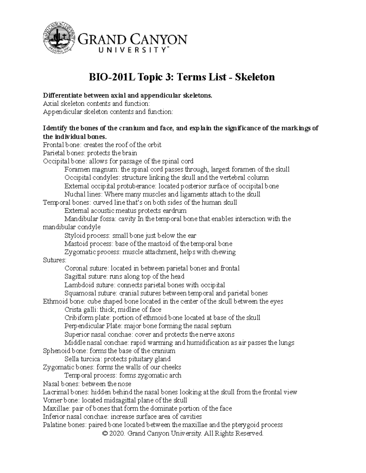 Bio topic 3 - Notes to Bio - BIO-201L Topic 3: Terms List - Skeleton ...