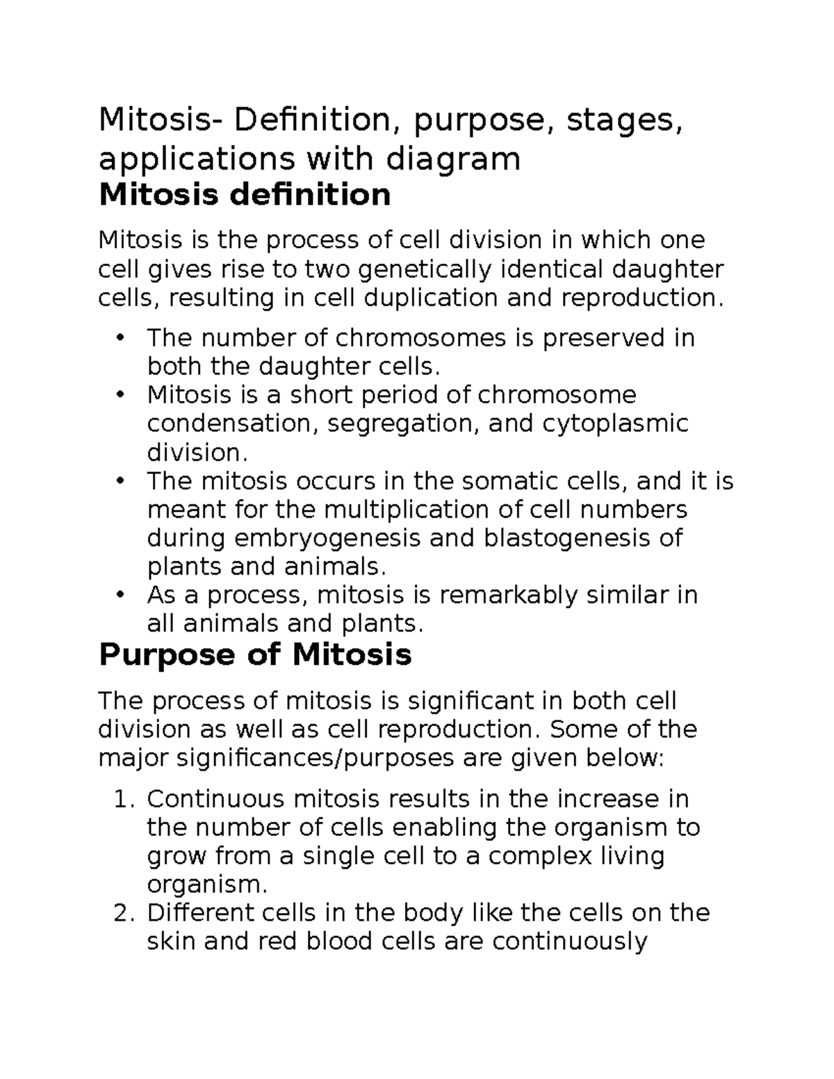 Bio 54 - Notes - Mitosis- Definition, purpose, stages, applications ...