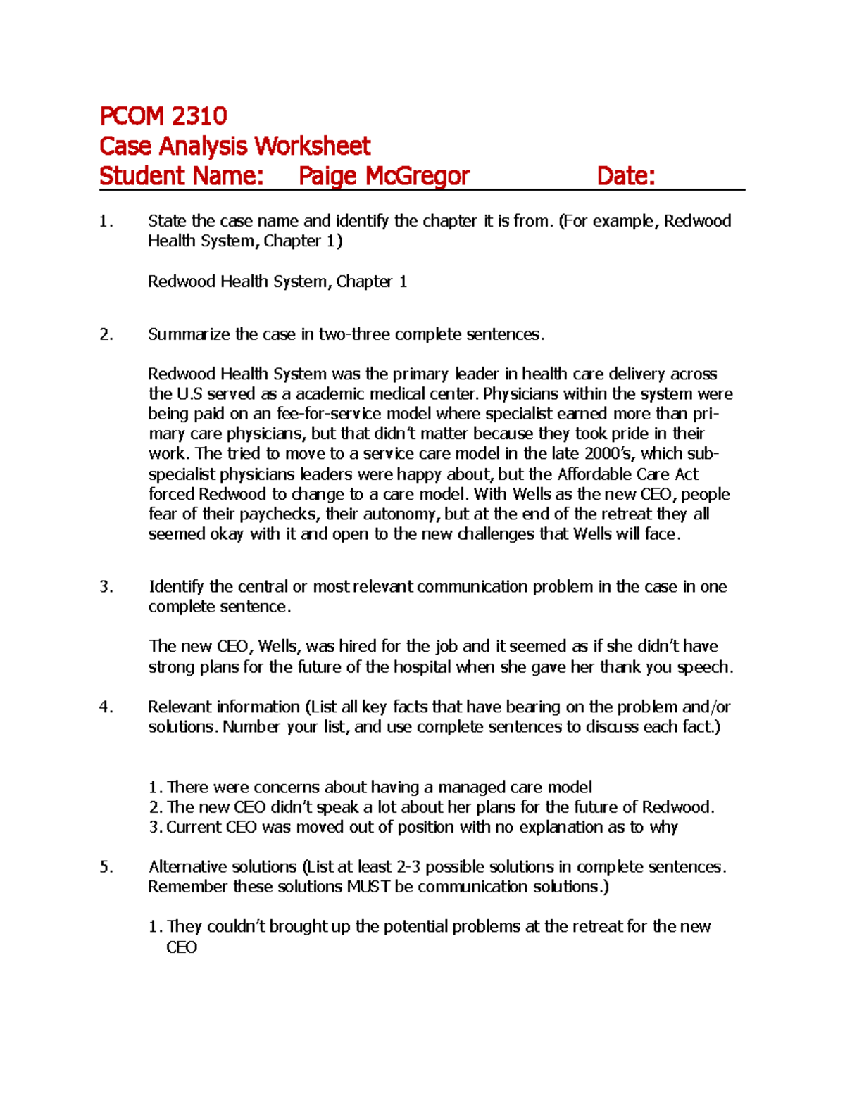 Case Study Worksheet Redwood Health Systems - PCOM 2310 Case Analysis ...