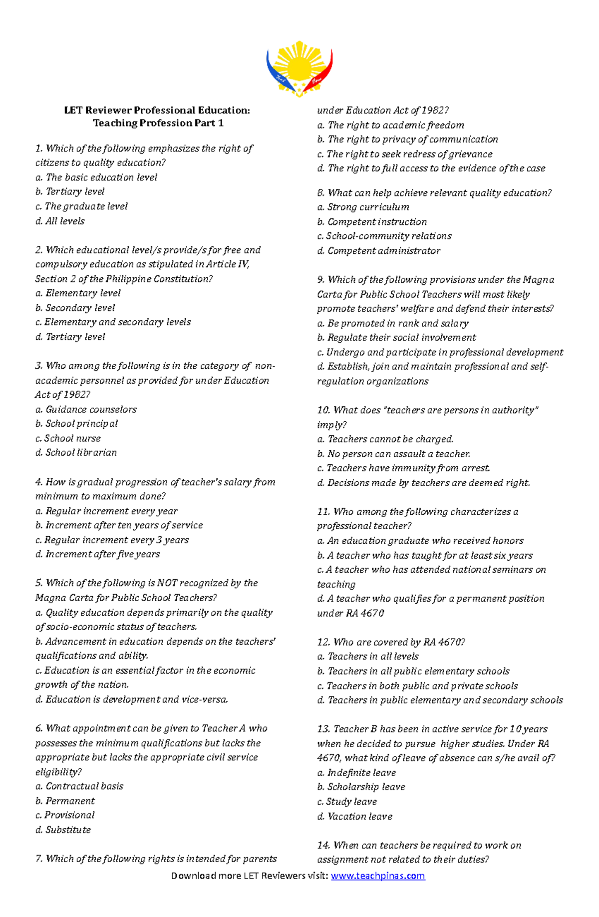 Teaching Profession PART 1 - LET Reviewer Professional Education ...