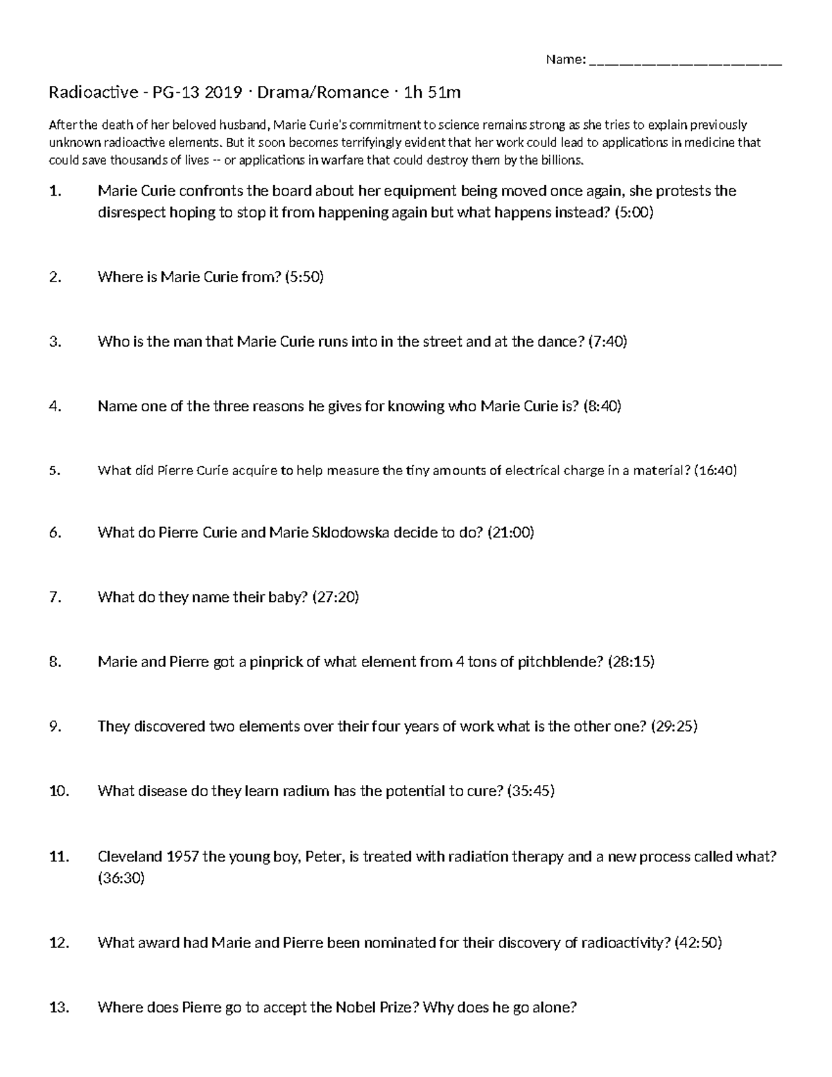 Radioactive Movie Worksheet - Name ...