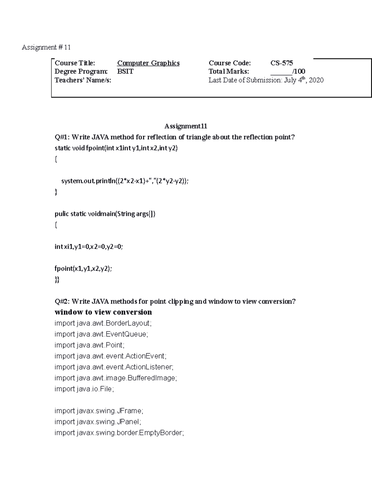 Assignment Computer Graphics - Assignment # 11 Course Title: Computer ...