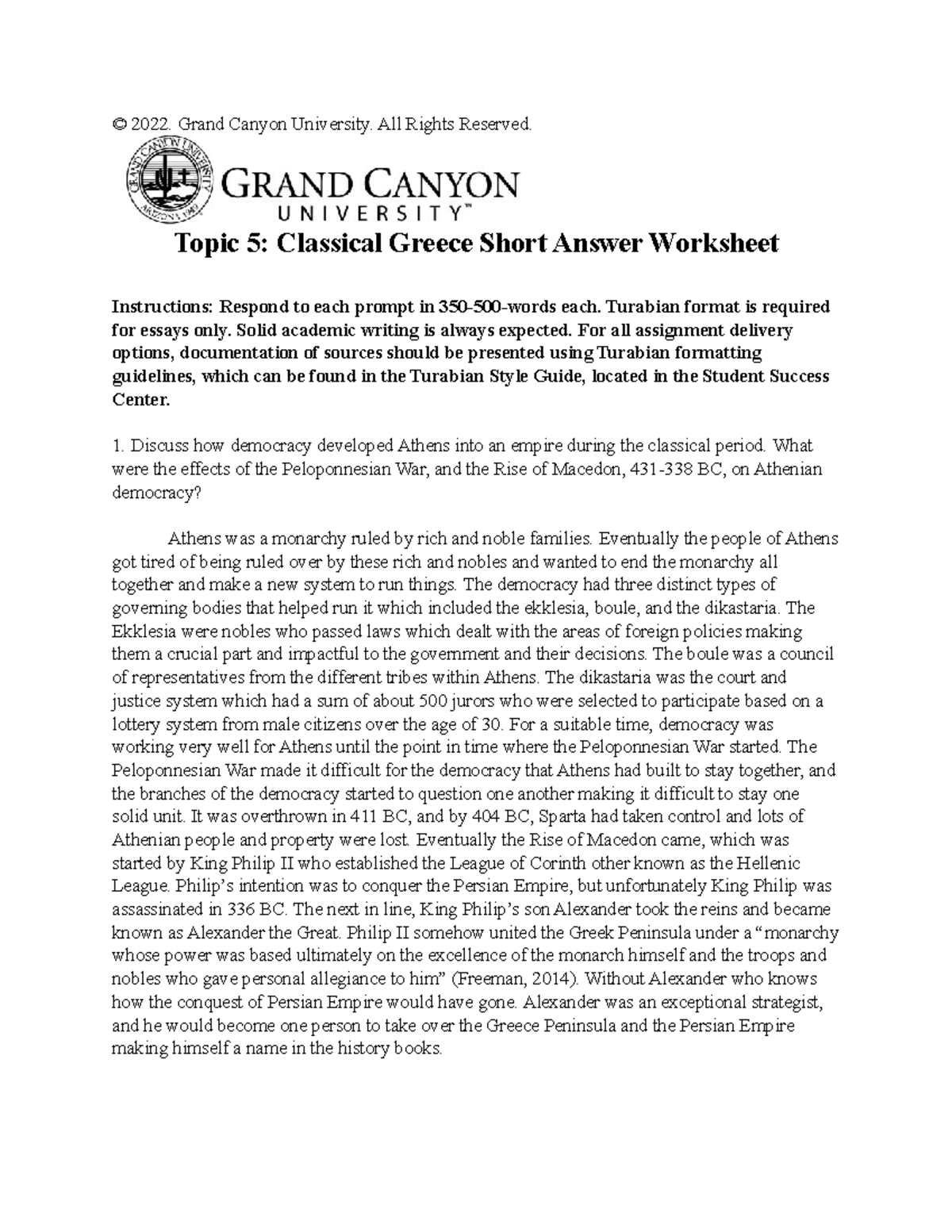 Classical Greece Short Answer Worksheet - © 2022. Grand Canyon ...