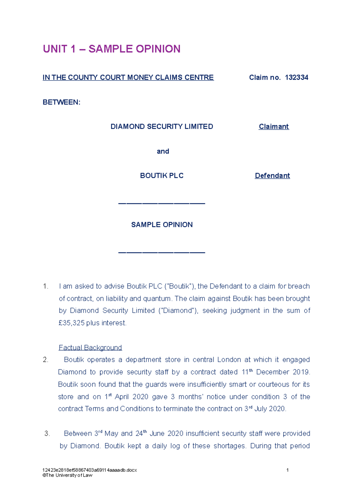 Sample opinion - UNIT 1 – SAMPLE OPINION IN THE COUNTY COURT MONEY ...