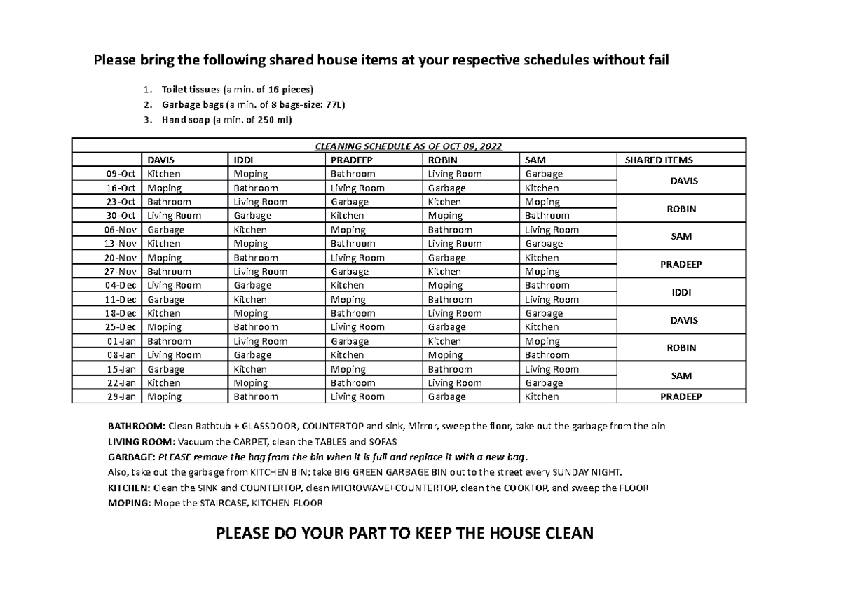 Cleaning Document - Please bring the following shared house items at ...