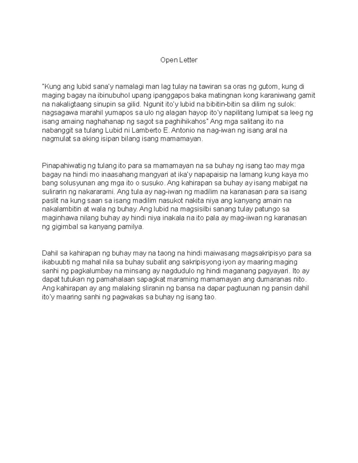 Open Letter - short essay - Open Letter “Kung ang lubid sana’y namalagi ...
