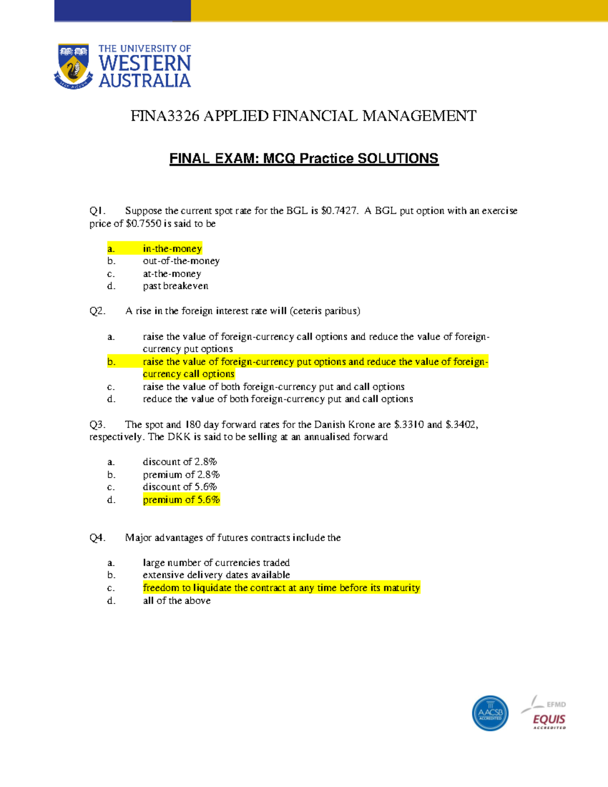 Final Exam MCQ Practice Solutions - FINA3326 APPLIED FINANCIAL ...