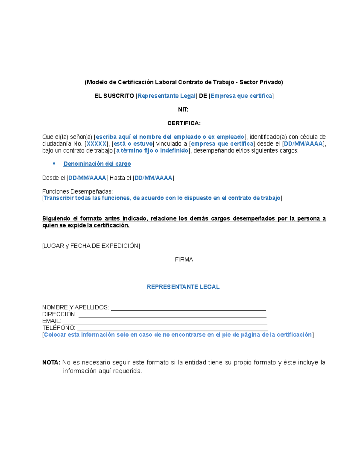 Modelo certificado laboral sector privado - (Modelo de Certificación ...