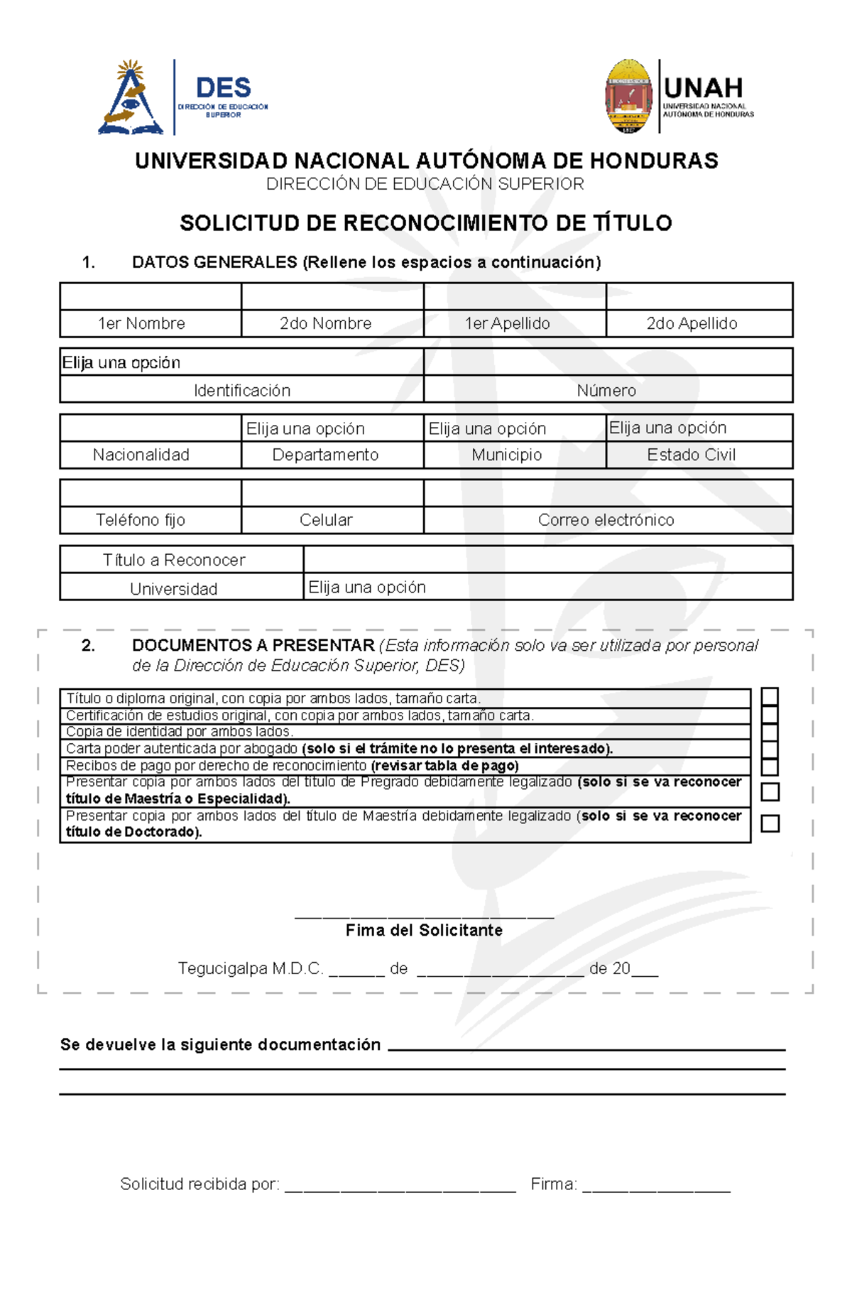 Reconocimiento - recoocimiento ejemplo - UNIVERSIDAD NACIONAL AUT”NOMA DE HONDURAS SOLICITUD DE ...