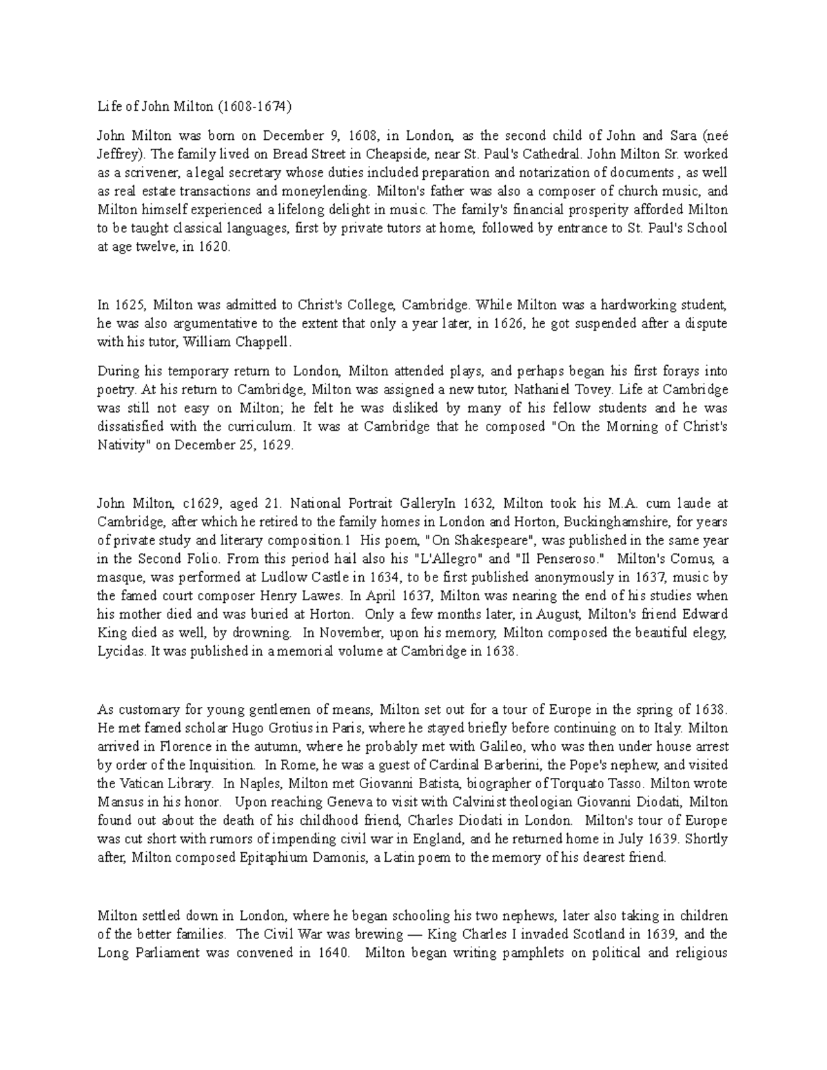 Biography OF JOHN Milton - Life of John Milton (1608-1674) John Milton ...