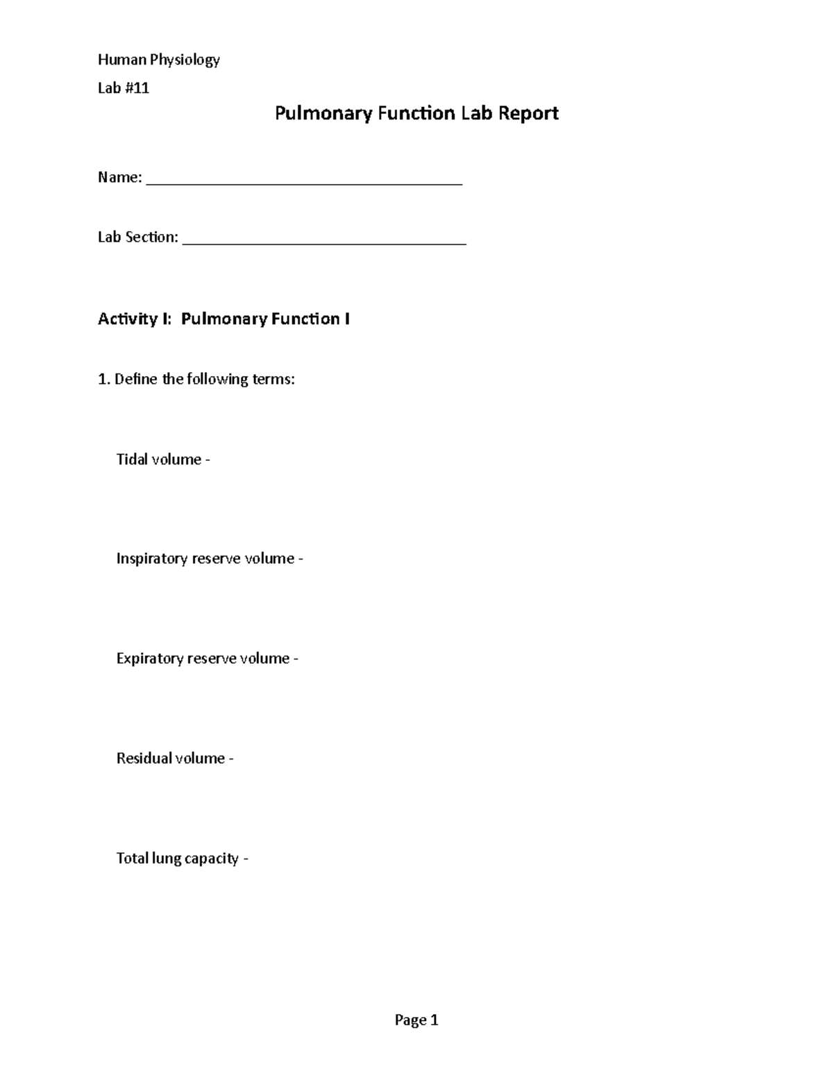 Human Physiology Lab Pulmonary Function Lab Report - Studocu