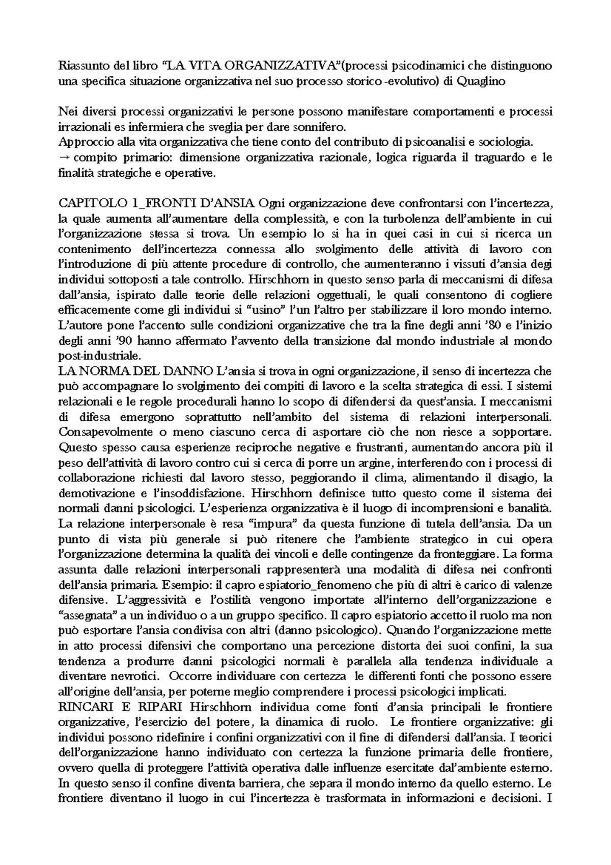 Psicologia del lavoro - Riassunto La Vita Organizzativa - Riassunto del ...