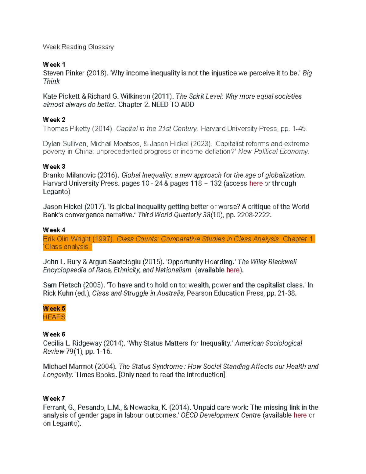 Readings Notes - Summary Social Inequality - Week Reading Glossary Week ...