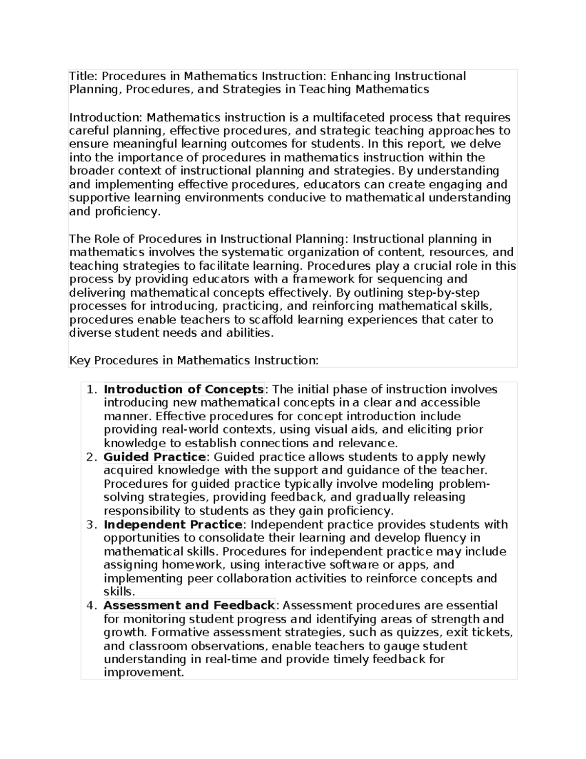 Instructional- Planning- Report - Title: Procedures in Mathematics ...
