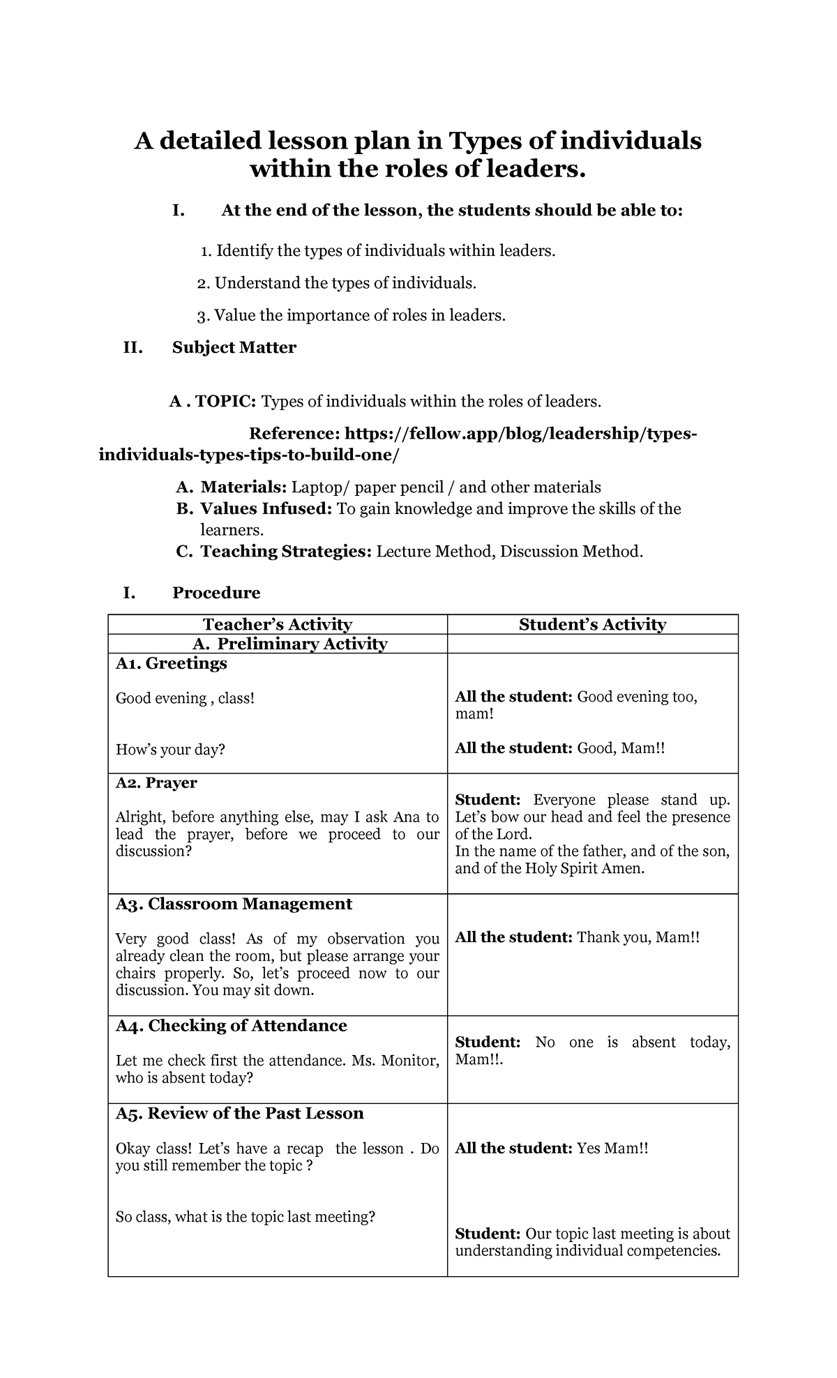 Team-Structure - NONE - A detailed lesson plan in Types of individuals ...